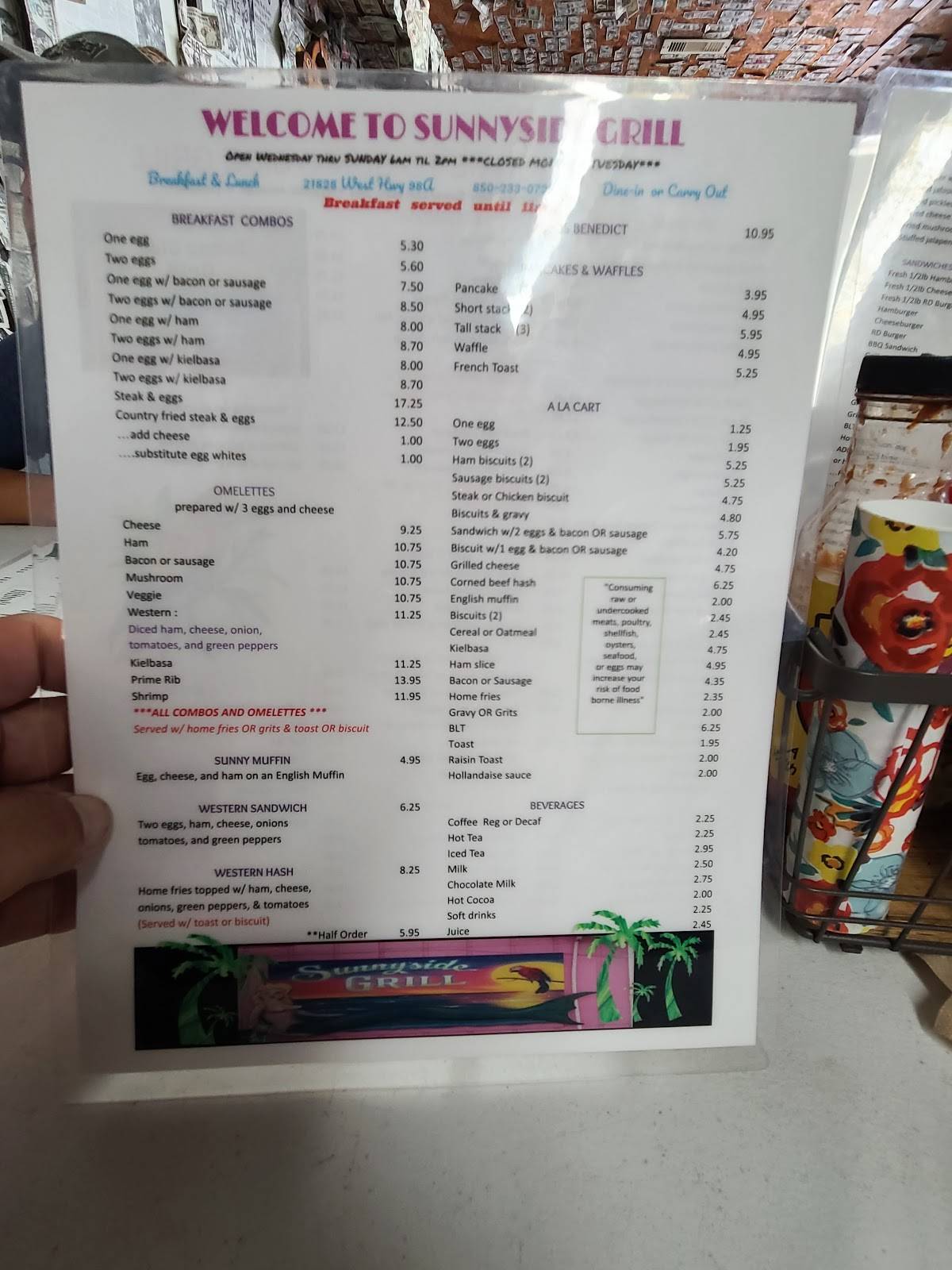 Menu at Sunnyside Grill restaurant, Panama City Beach