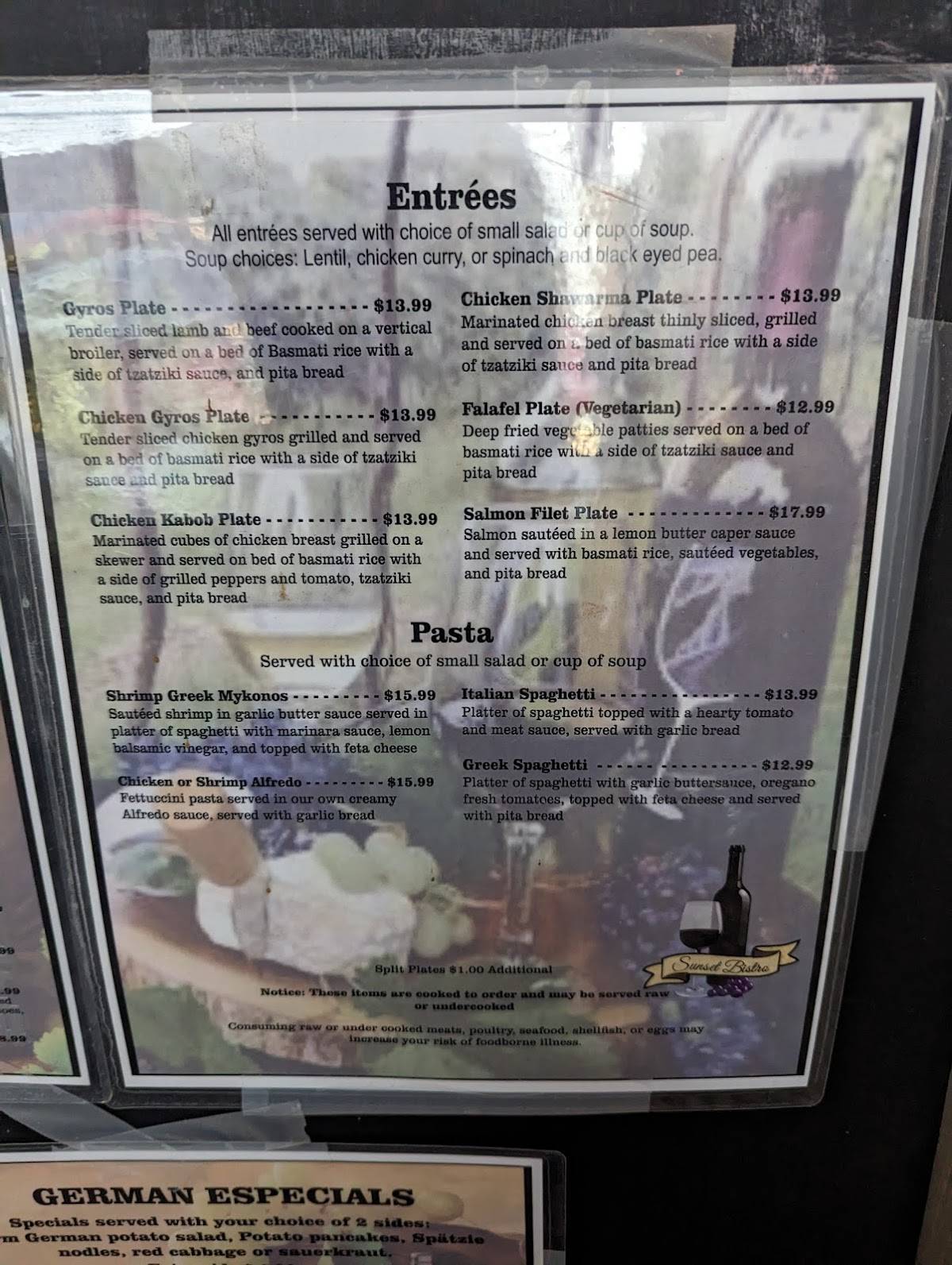 Menu at Sunset Bistro restaurant, Sun City, N 99th Ave