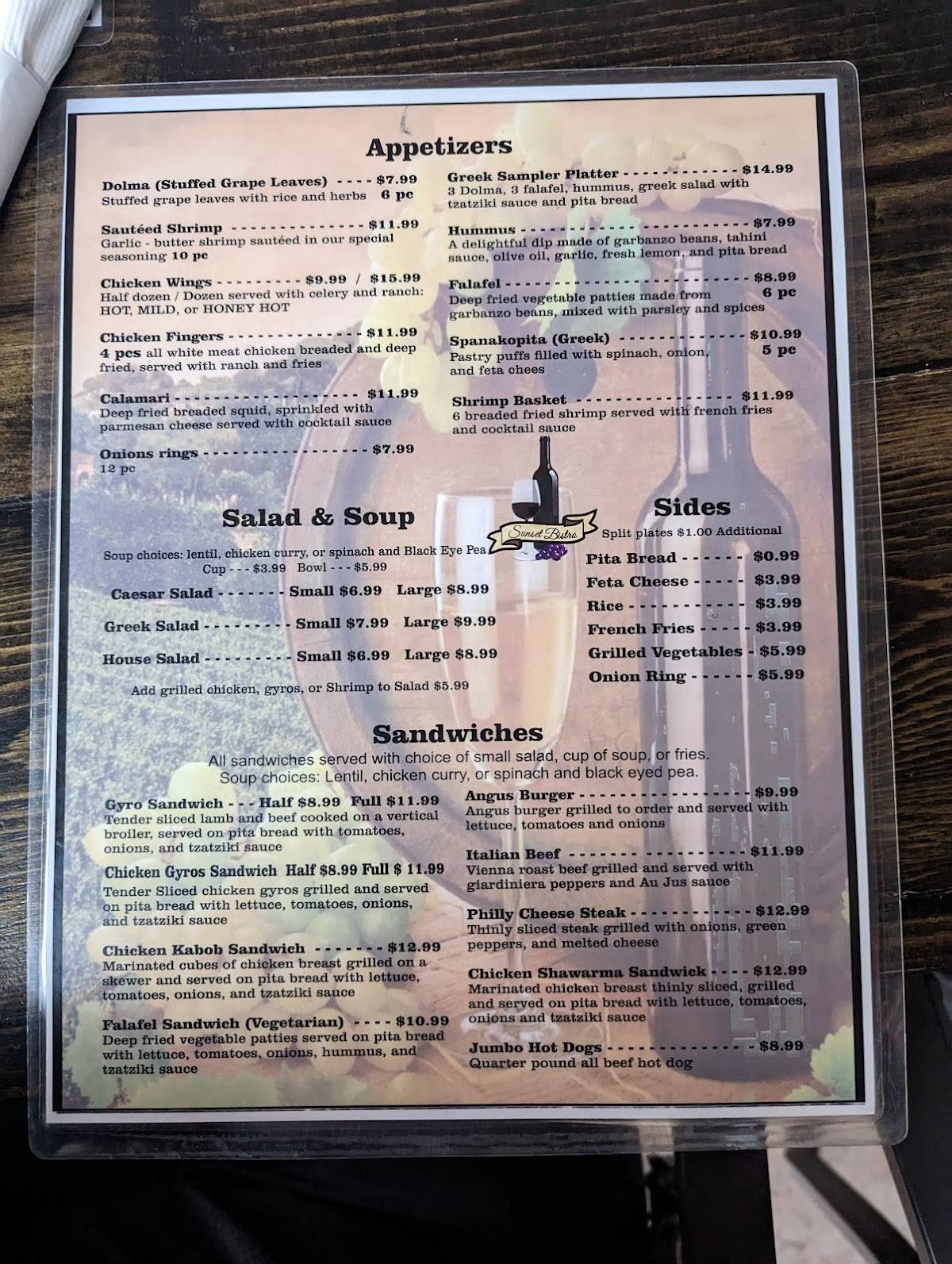 Menu at Sunset Bistro restaurant, Sun City, N 99th Ave