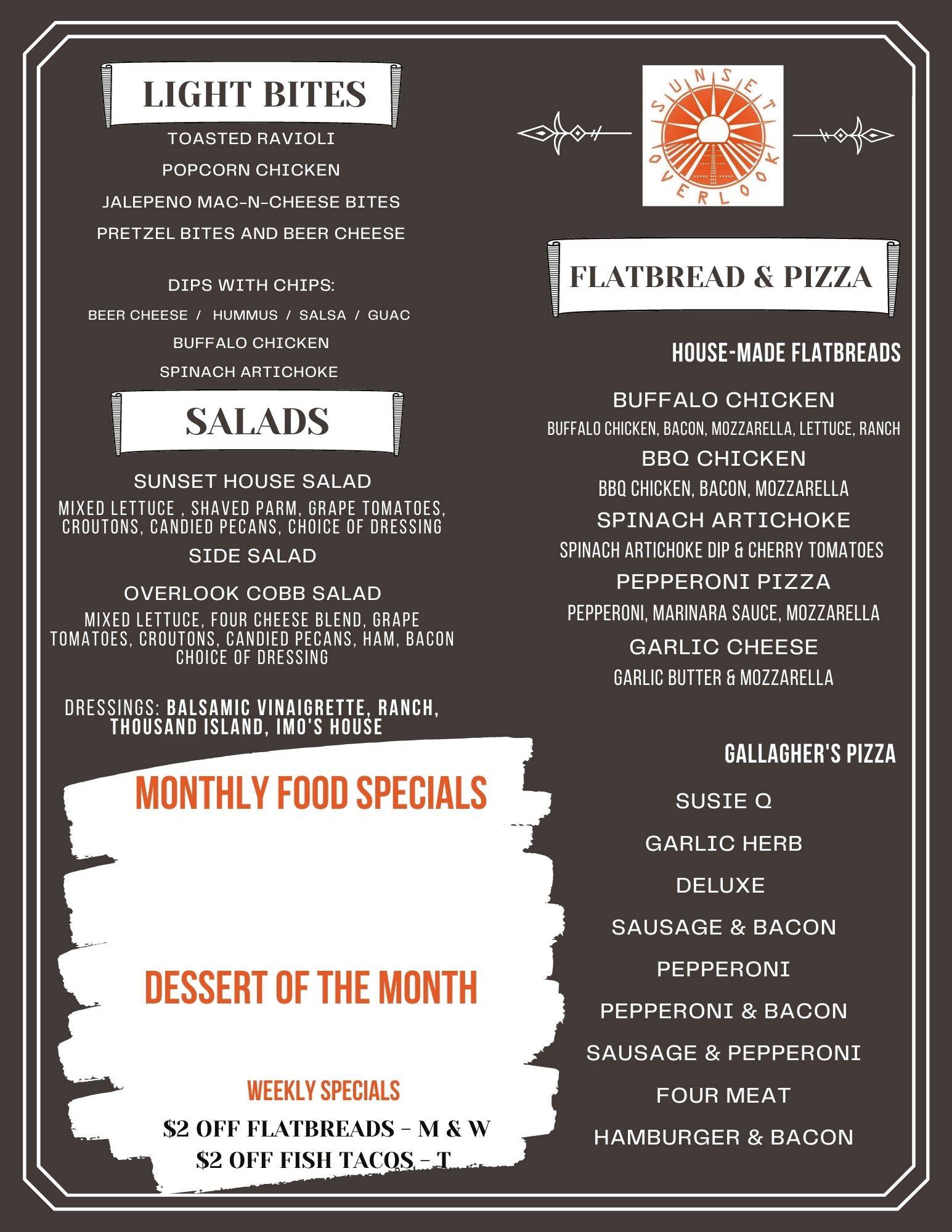 Menu at Sunset Overlook pub & bar, Columbia, Bluff Rd