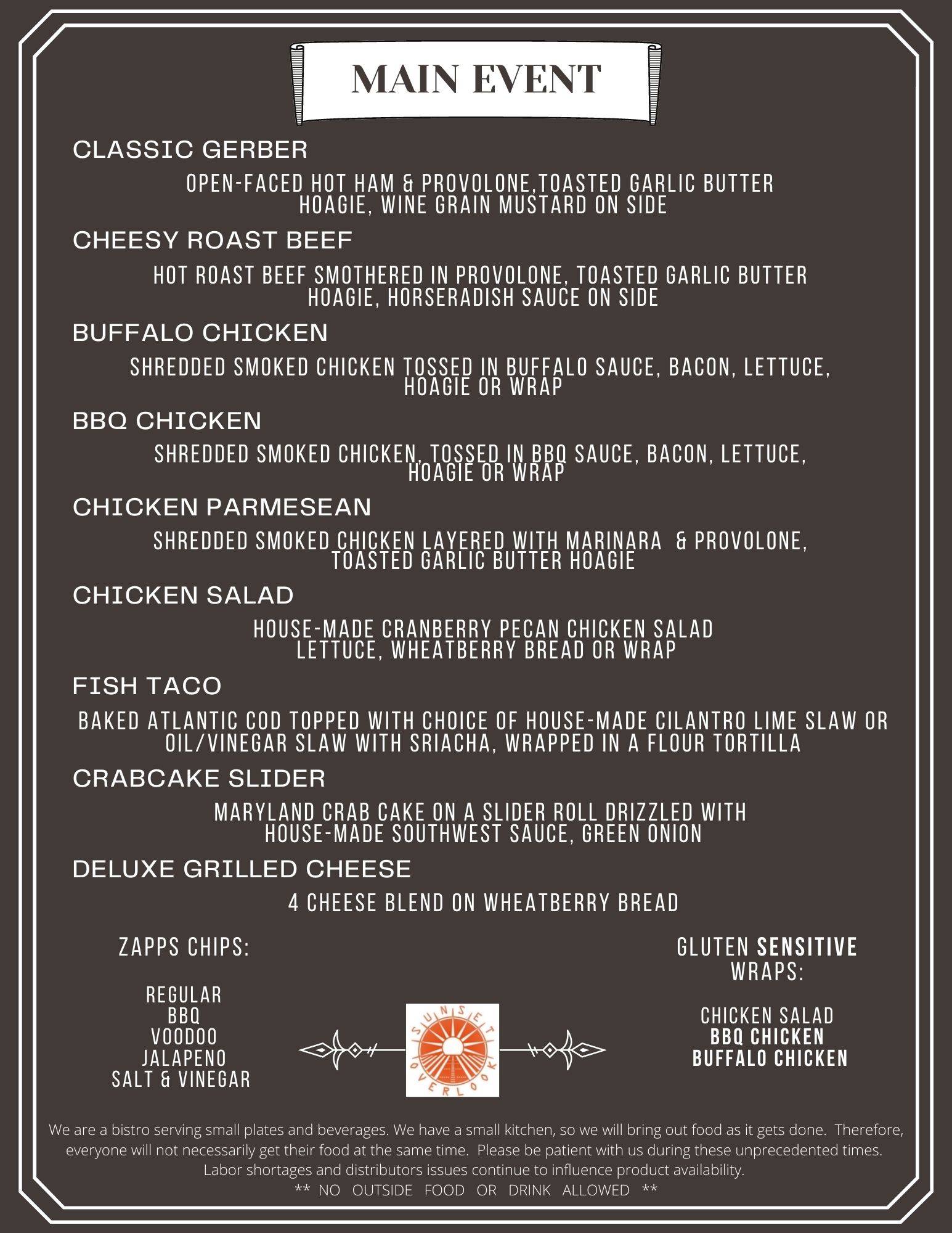 Menu at Sunset Overlook pub & bar, Columbia, Bluff Rd