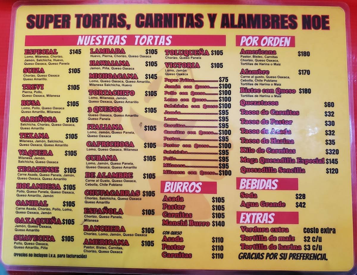 Menu at Super Tortas Y Carnitas Noe restaurant, Tecate