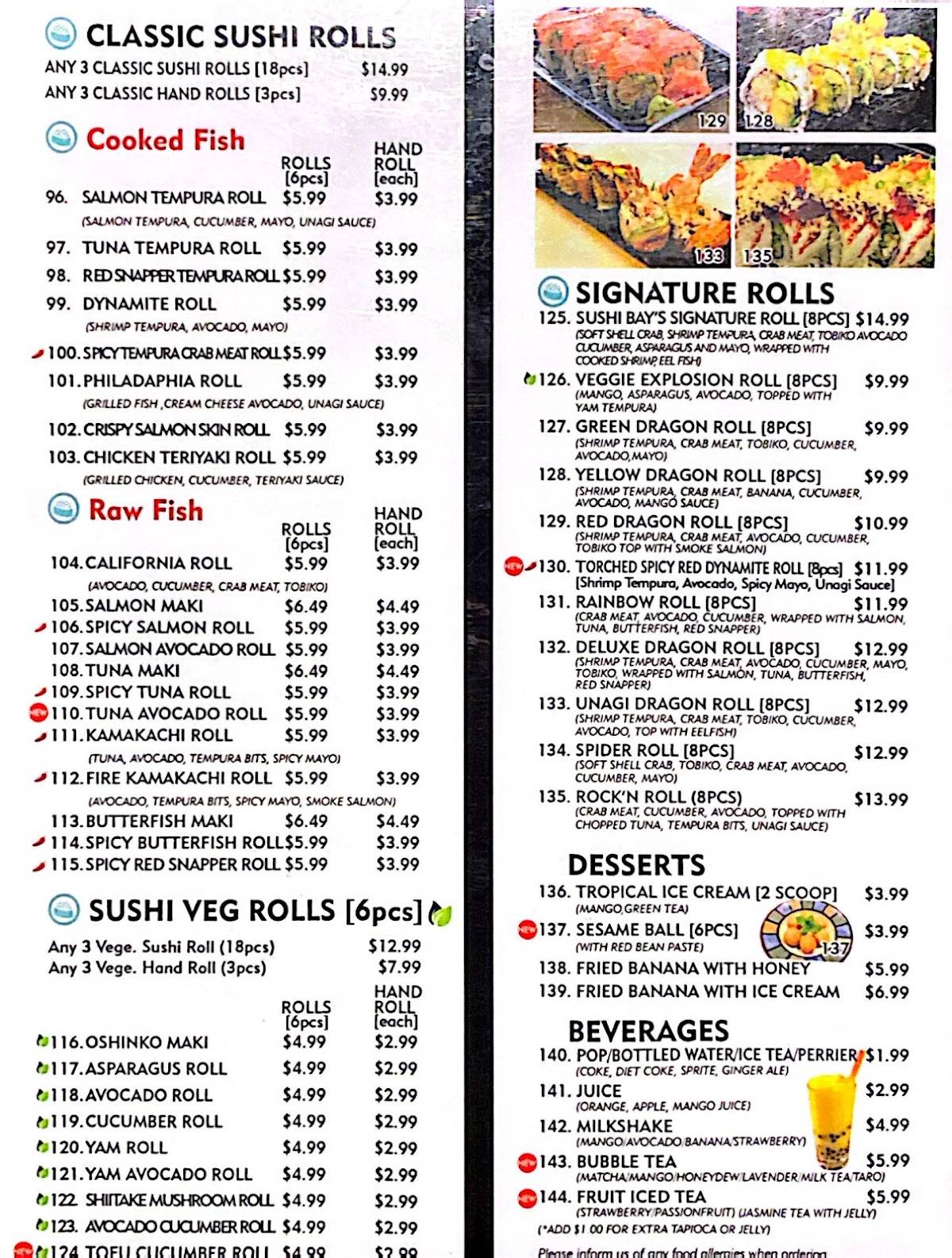 Menu at Sushi Bay restaurant, Toronto