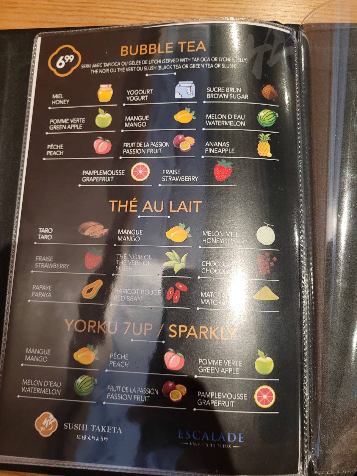 Menu at Sushi Taketa restaurant, Montréal