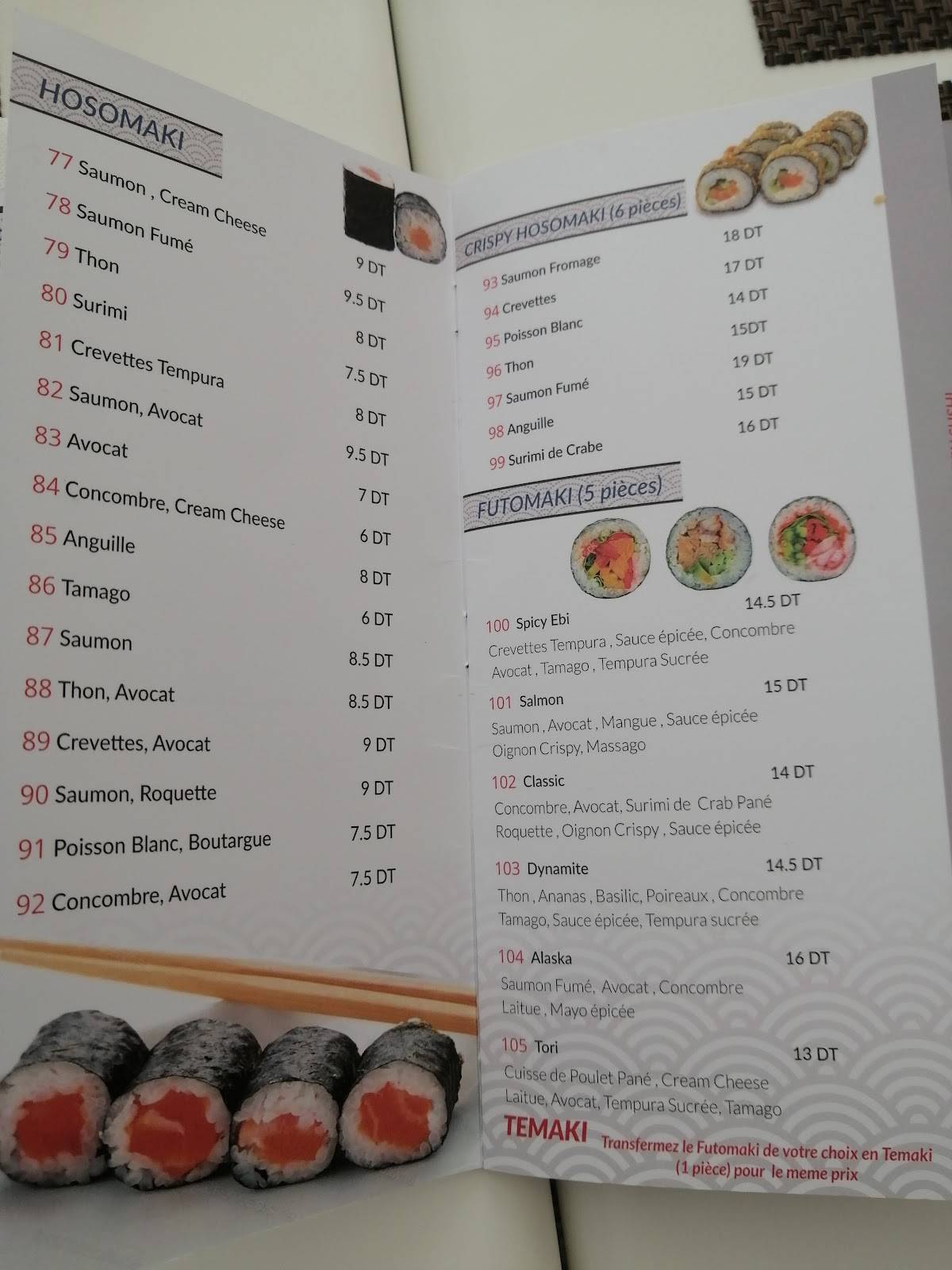Speisekarte von Sushibox restaurant, Tunis, M1 residence Diwen