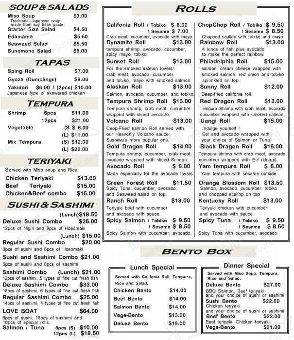 Menu at Sushi Wa restaurant, Lloydminster