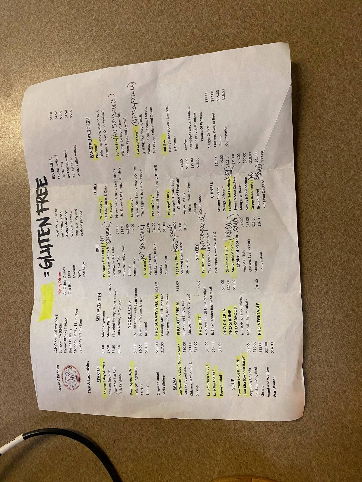 Menu at Suvans Kitchen restaurant, Lompoc