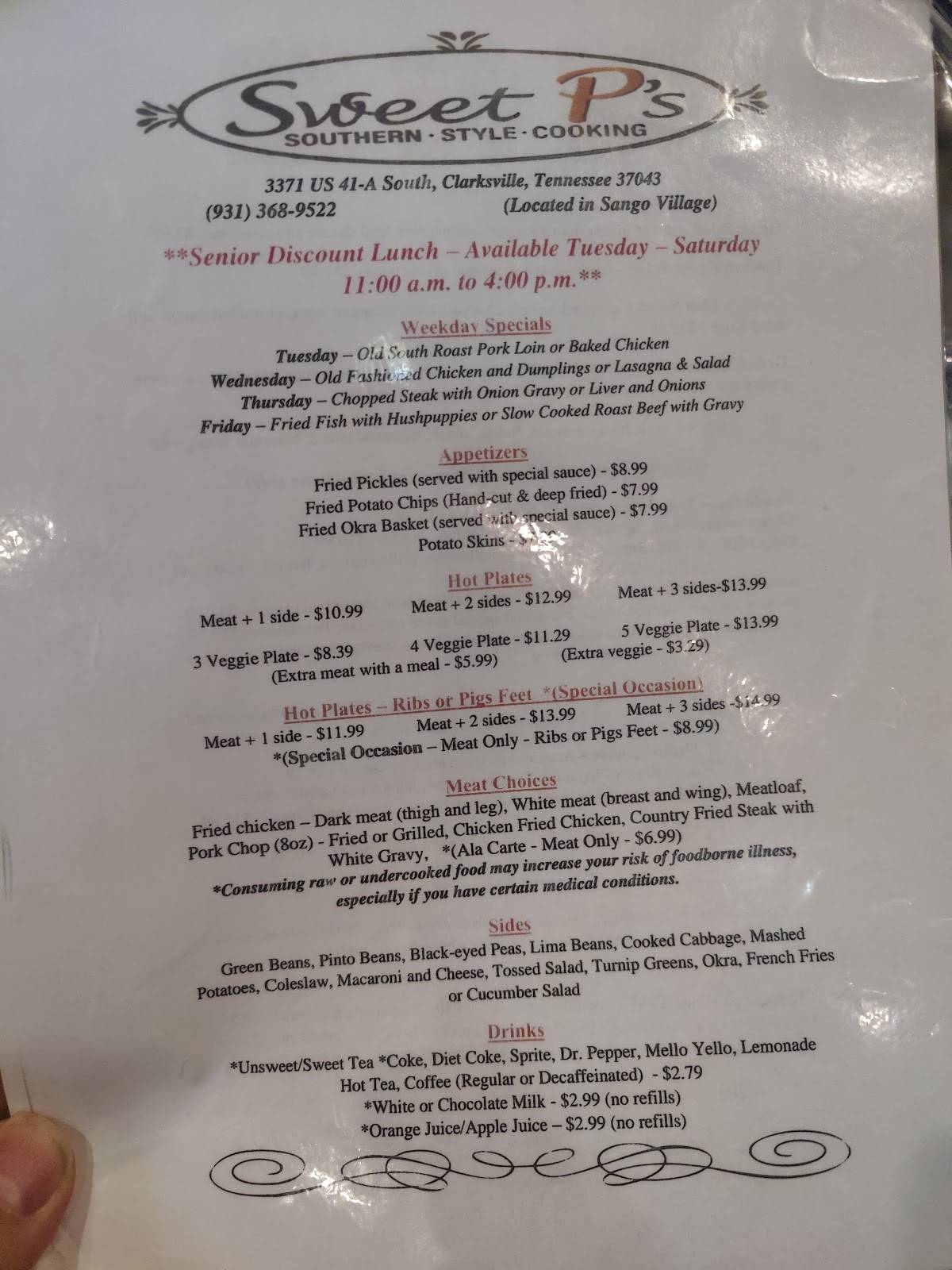 Menu at Sweet P's Southern Style restaurant, Clarksville