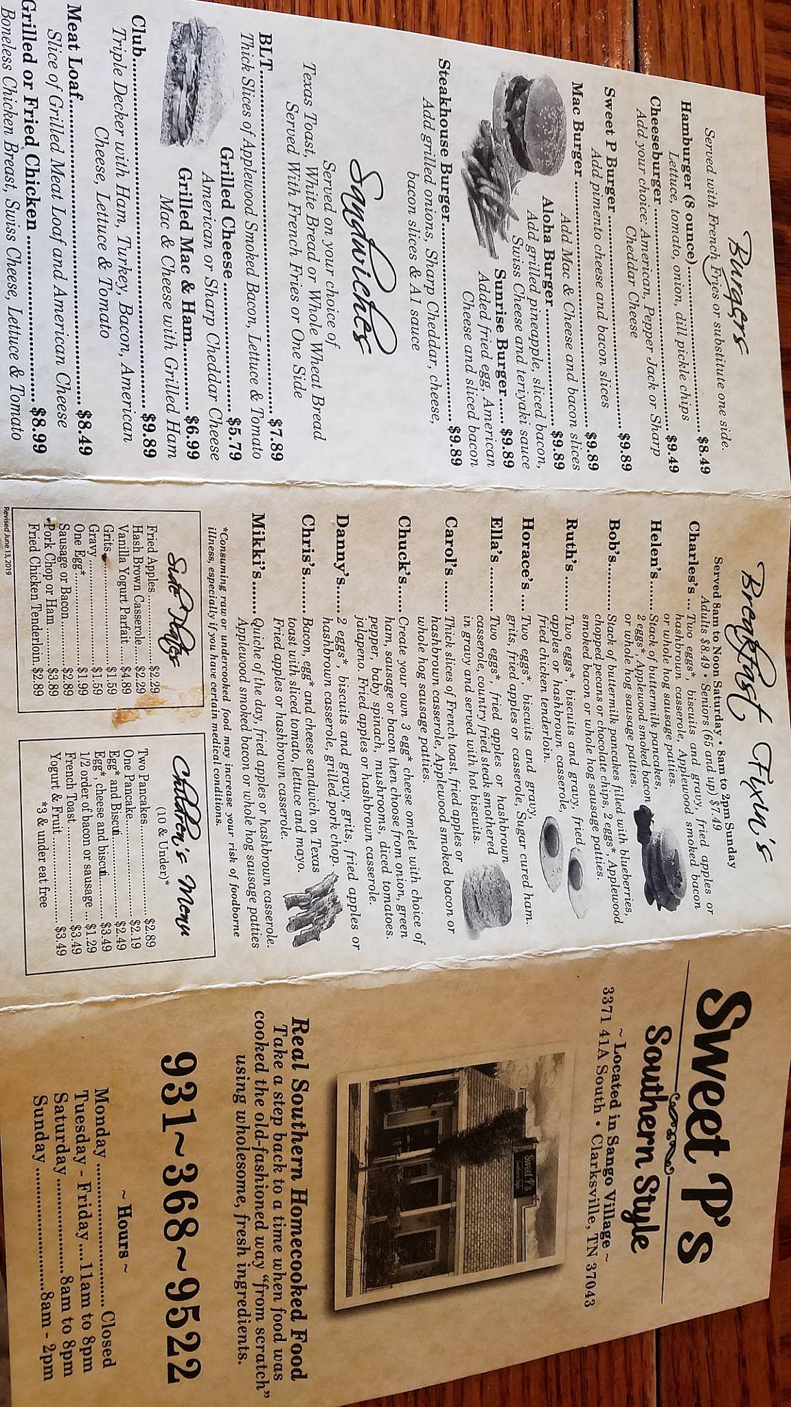 Menu at Sweet P's Southern Style restaurant, Clarksville
