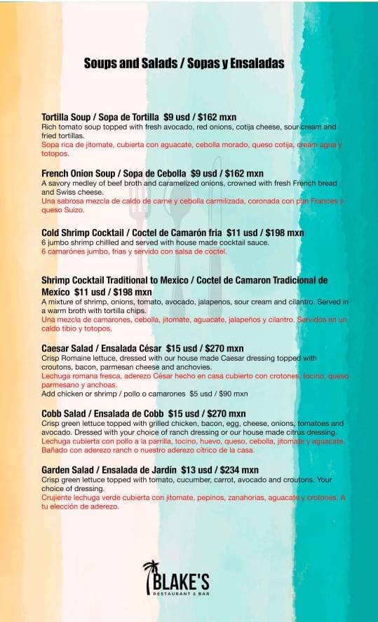 Carta de Blake's Restaurant and Bar, Puerto Vallarta