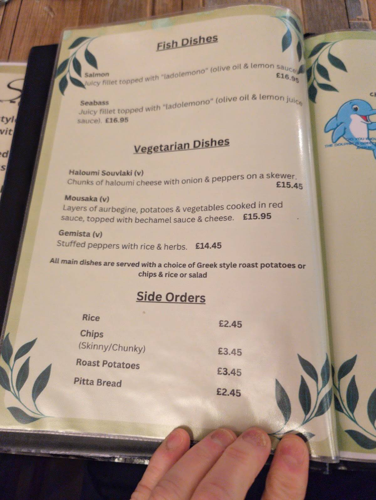 Menu at Greek Olive restaurant, Swindon