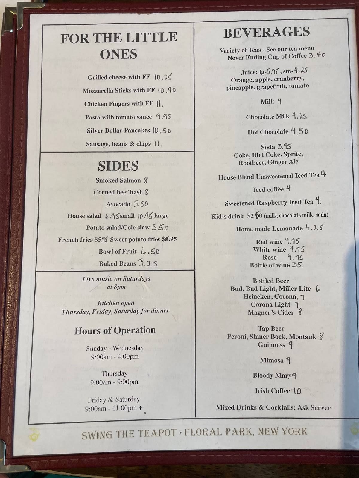 Menu at Swing the Teapot restaurant, Floral Park
