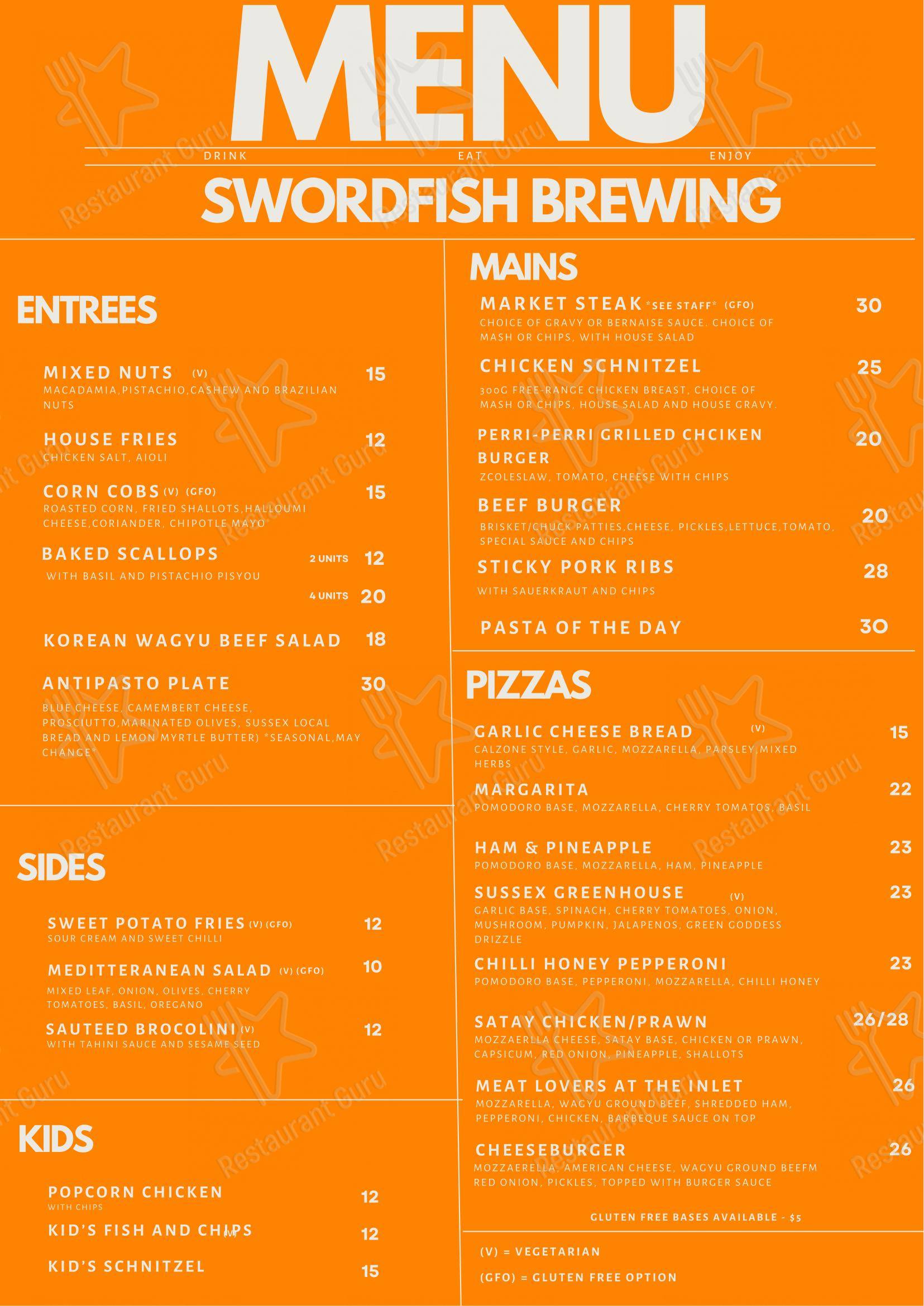 Menu at Swordfish Brewing restaurant, Sussex Inlet