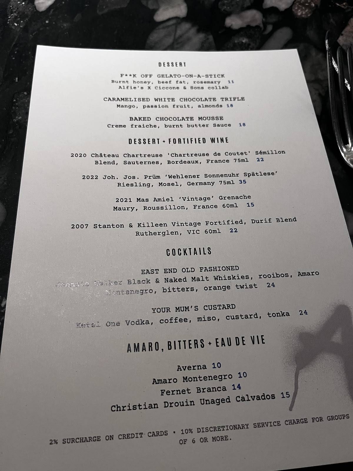 Menu at Alfie's steakhouse, Sydney