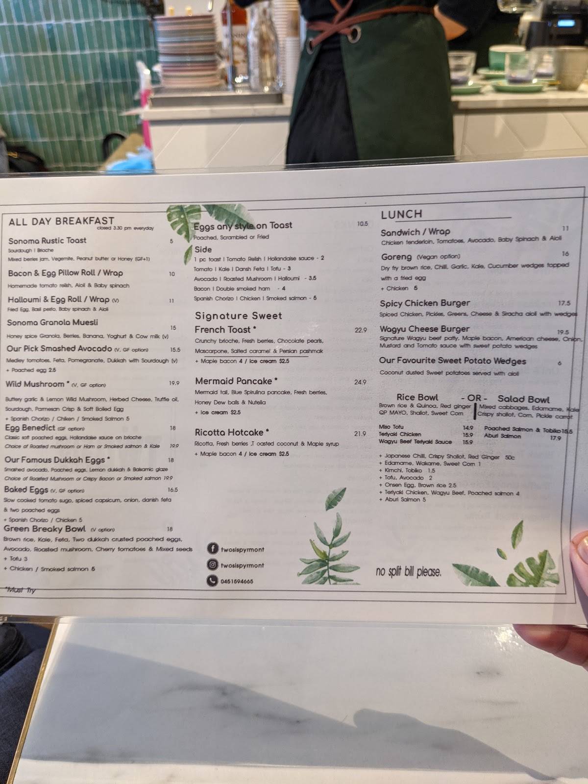 Menu at two sis & co cafe, Pyrmont