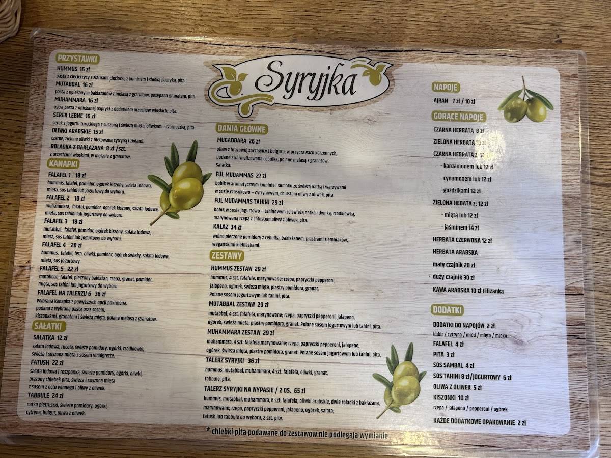 Menu at Syryjka restaurant, Warsaw