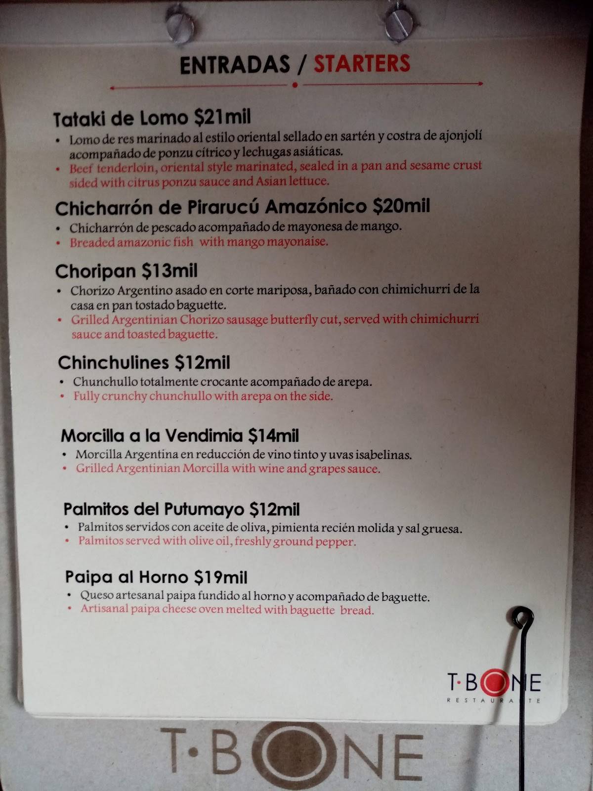 Carta del restaurante T BONE, Bogotá
