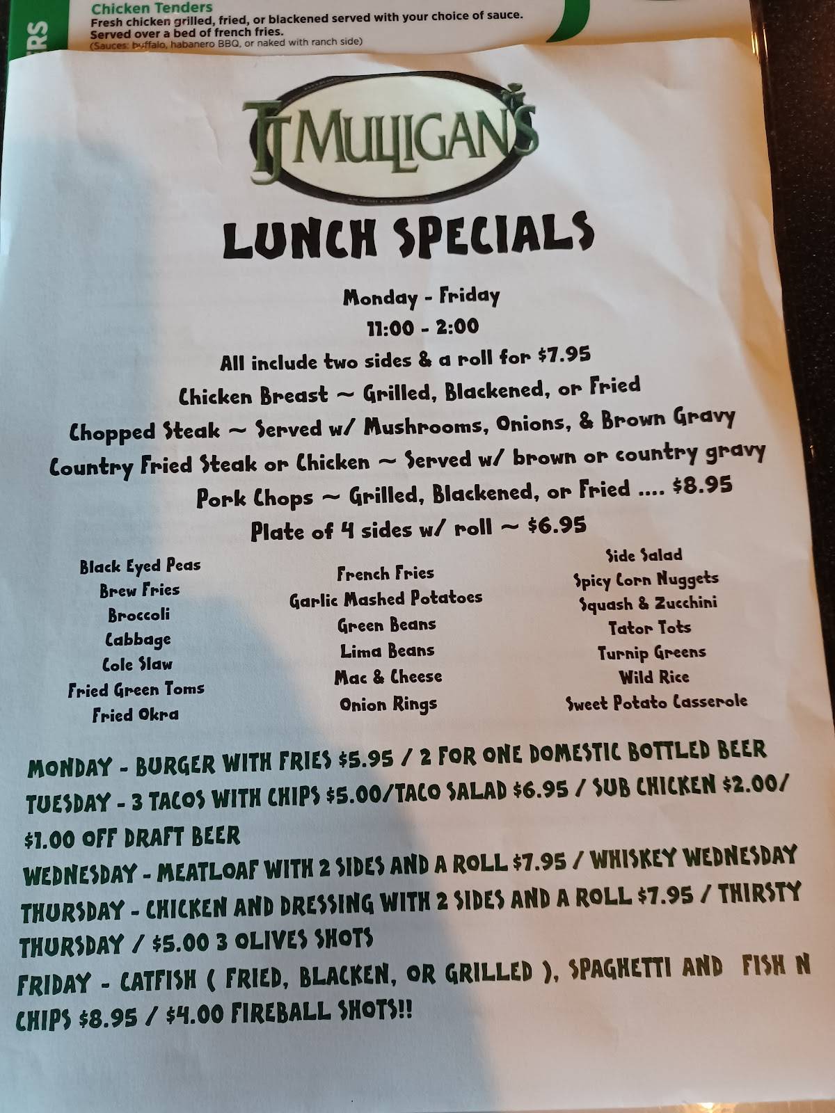 Menu at T J Mulligans pub & bar, Memphis, Kirby Pkwy