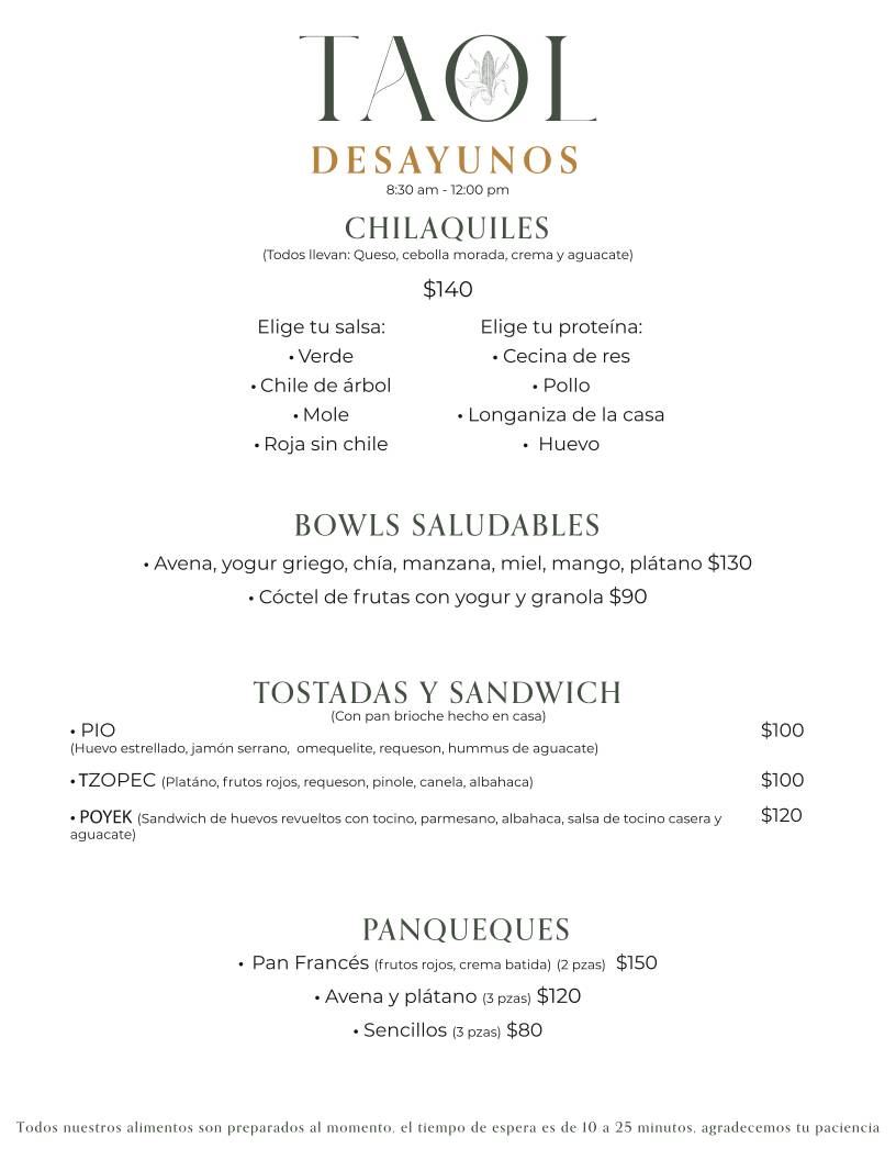 Carta del restaurante TAOL, Ciudad del Cuetzalan, Guerrero 6