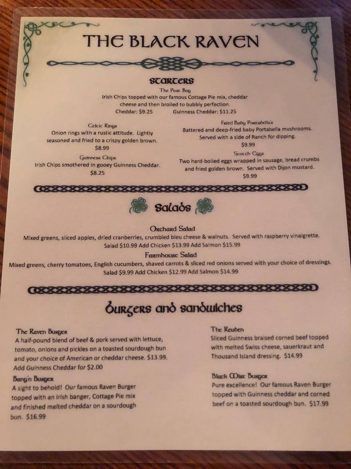 Menu at THE BLACK RAVEN PUB, Harrah