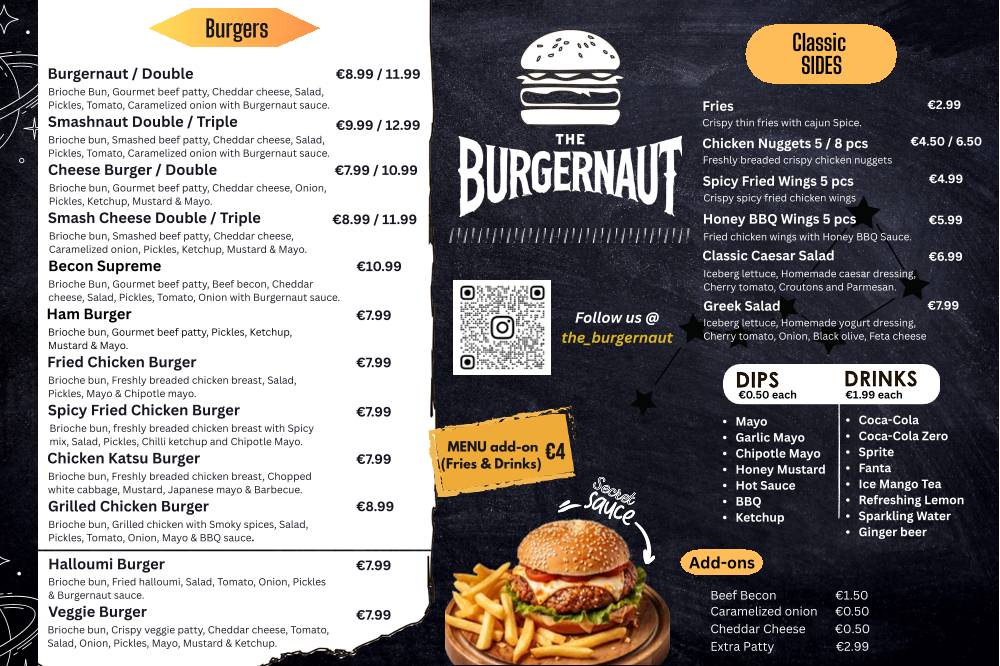 Menu at The Burgernaut restaurant, Almada