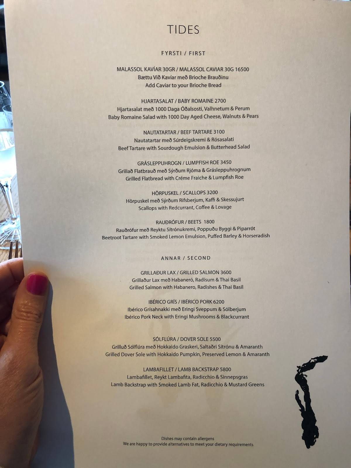 Speisekarte von TIDES Restaurant, Reykjavík