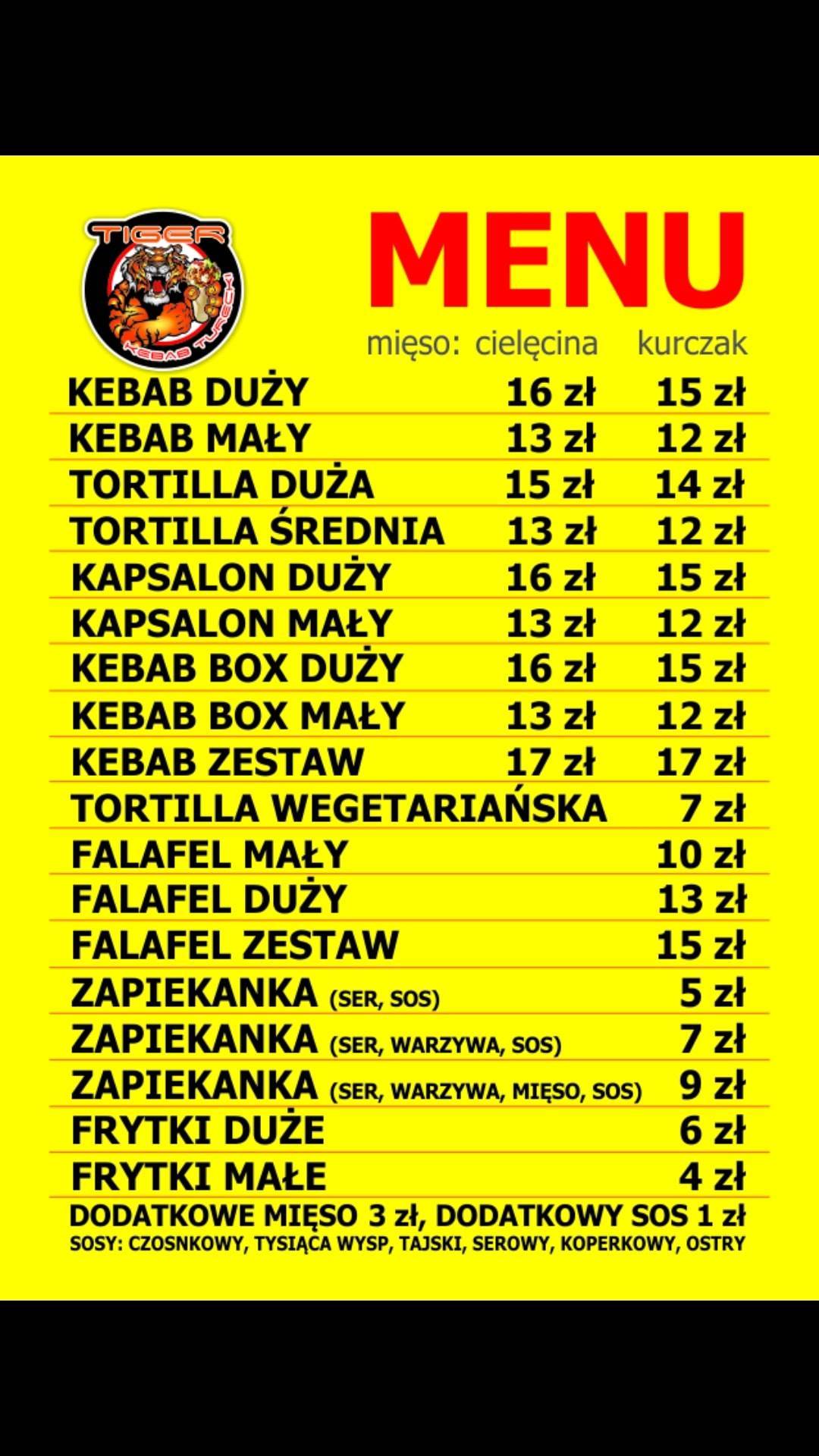 Menu at TIGER turecki kebab, Sokolka