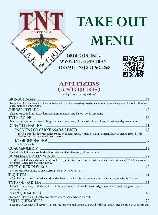 Menu at TNT on the Lake Bar & Grill, Lakeport, Lakeshore Blvd