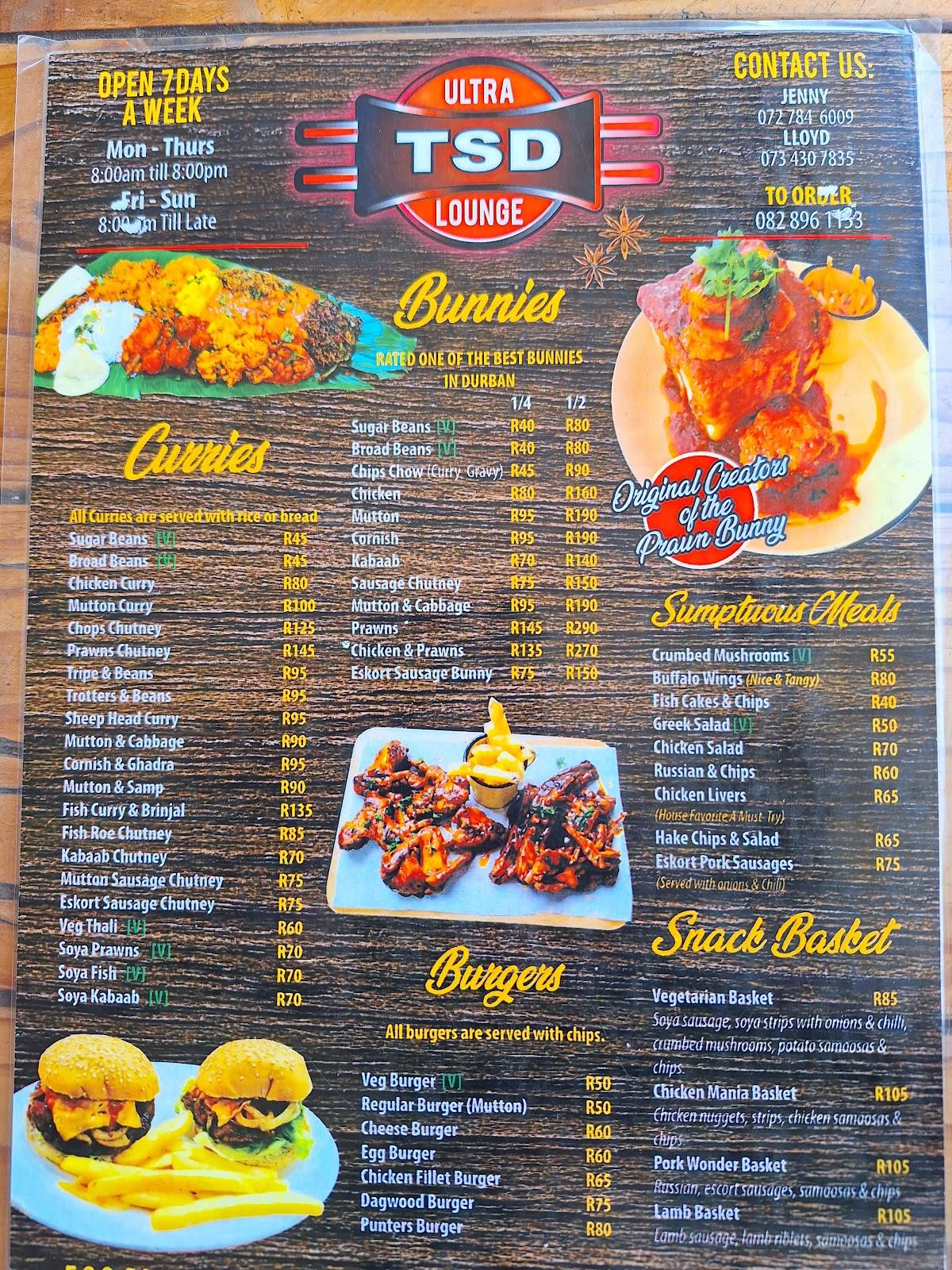 Menu at TSD Ultra LOUNGE restaurant, Durban North