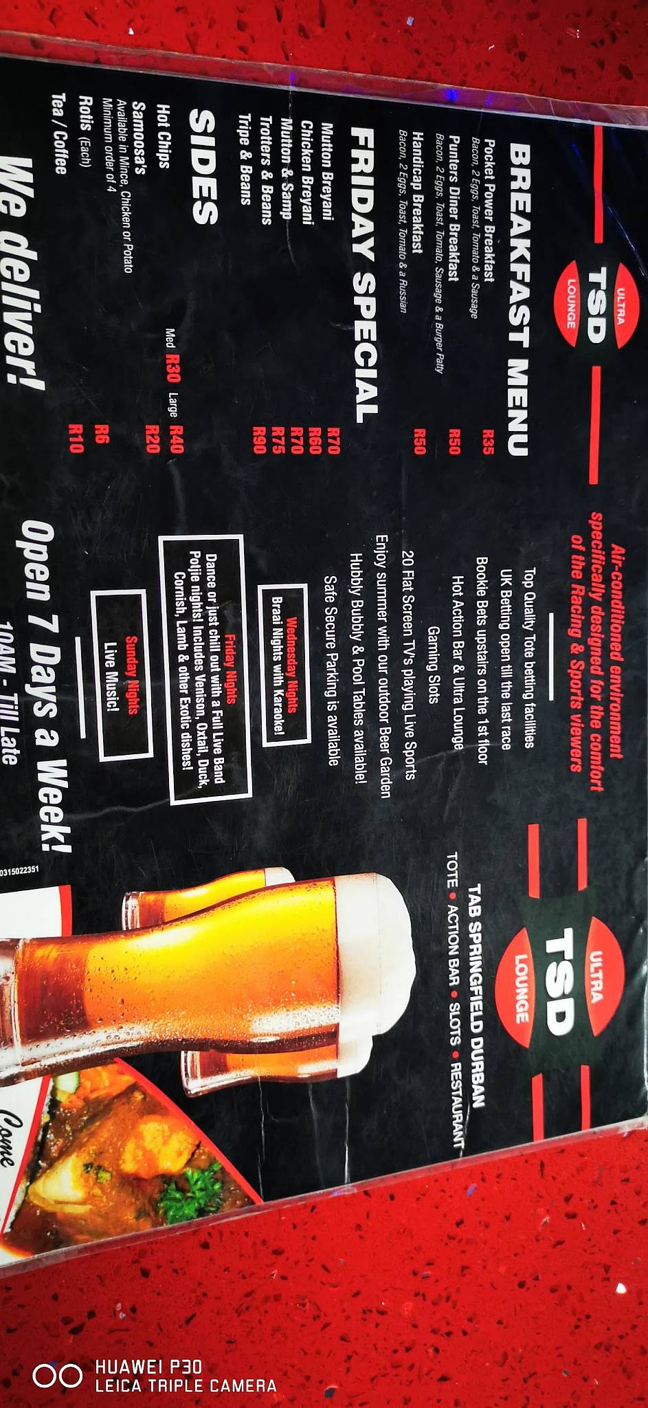 Menu at TSD Ultra LOUNGE restaurant, Durban North