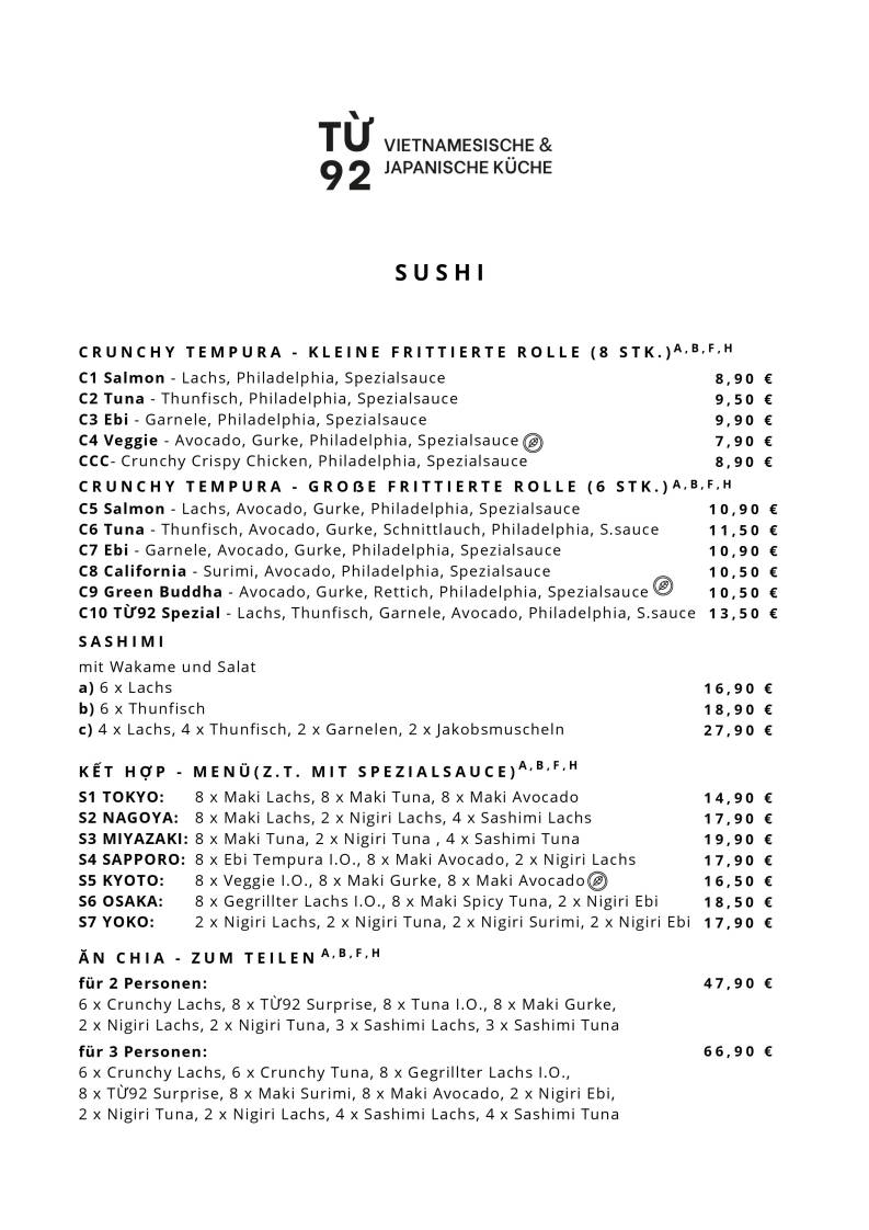Speisekarte von TU 92 Restaurant - Blieskastel, Blieskastel