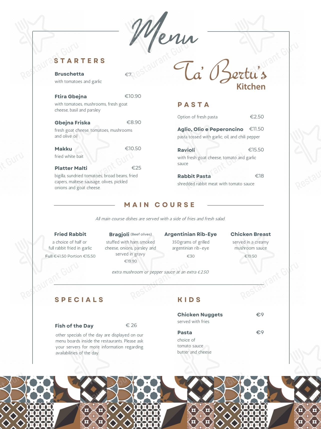 Menu at Ta' Bertu restaurant, Saint Paul's Bay