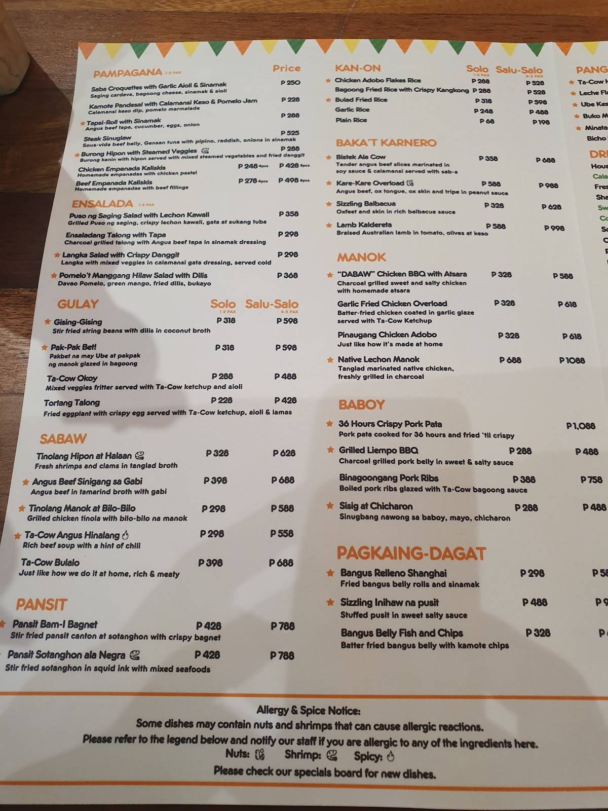Menu at Ta-Cow Davao restaurant, Davao City
