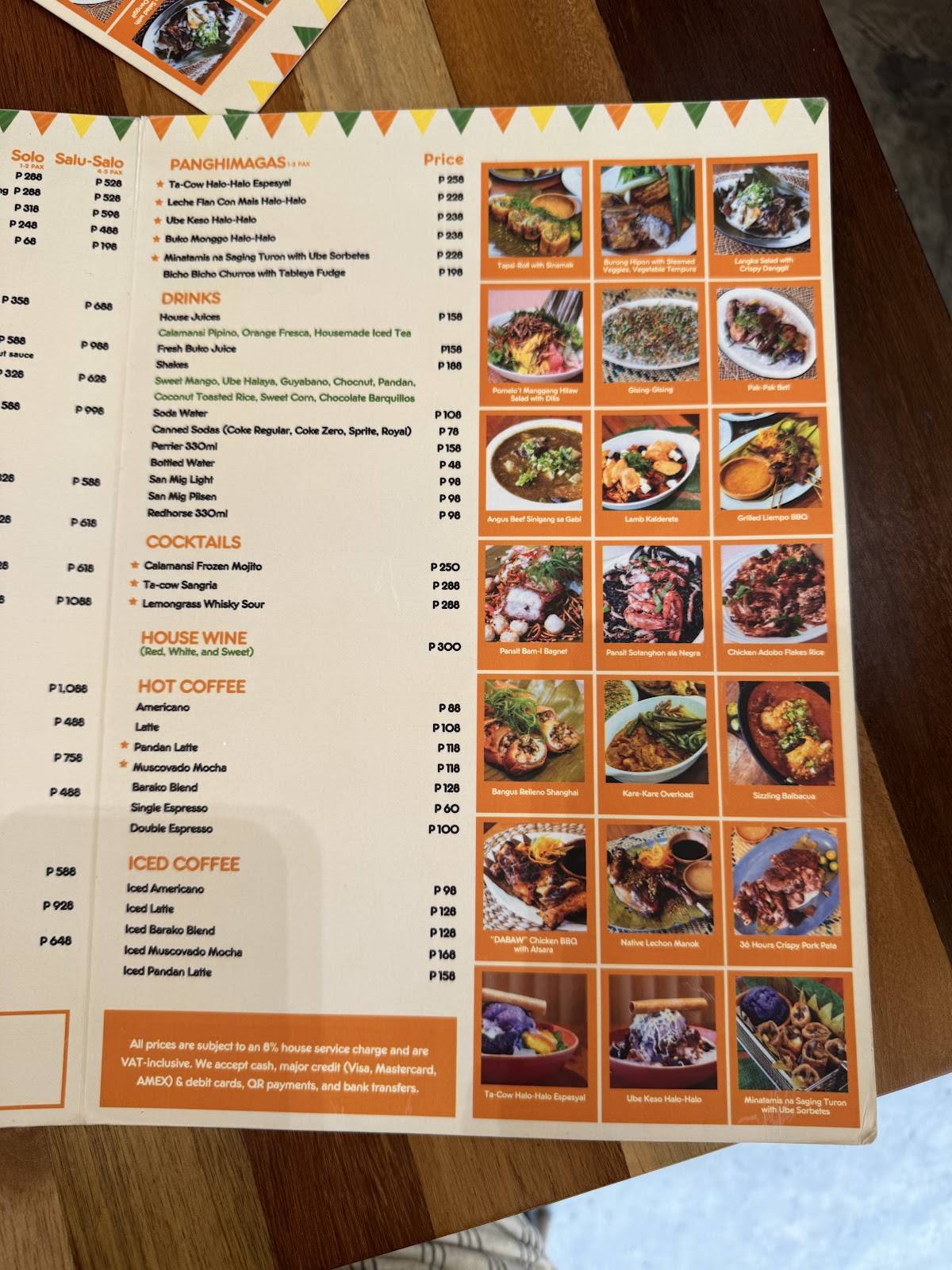 Menu at Ta-Cow Davao restaurant, Davao City