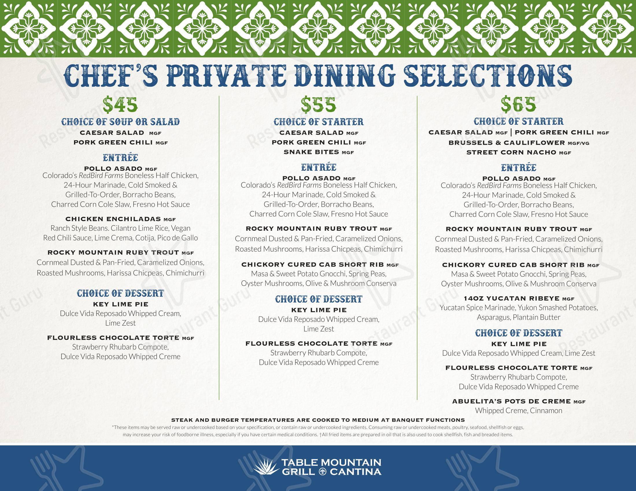 Menu at Table Mountain Grill & Cantina restaurant, Golden