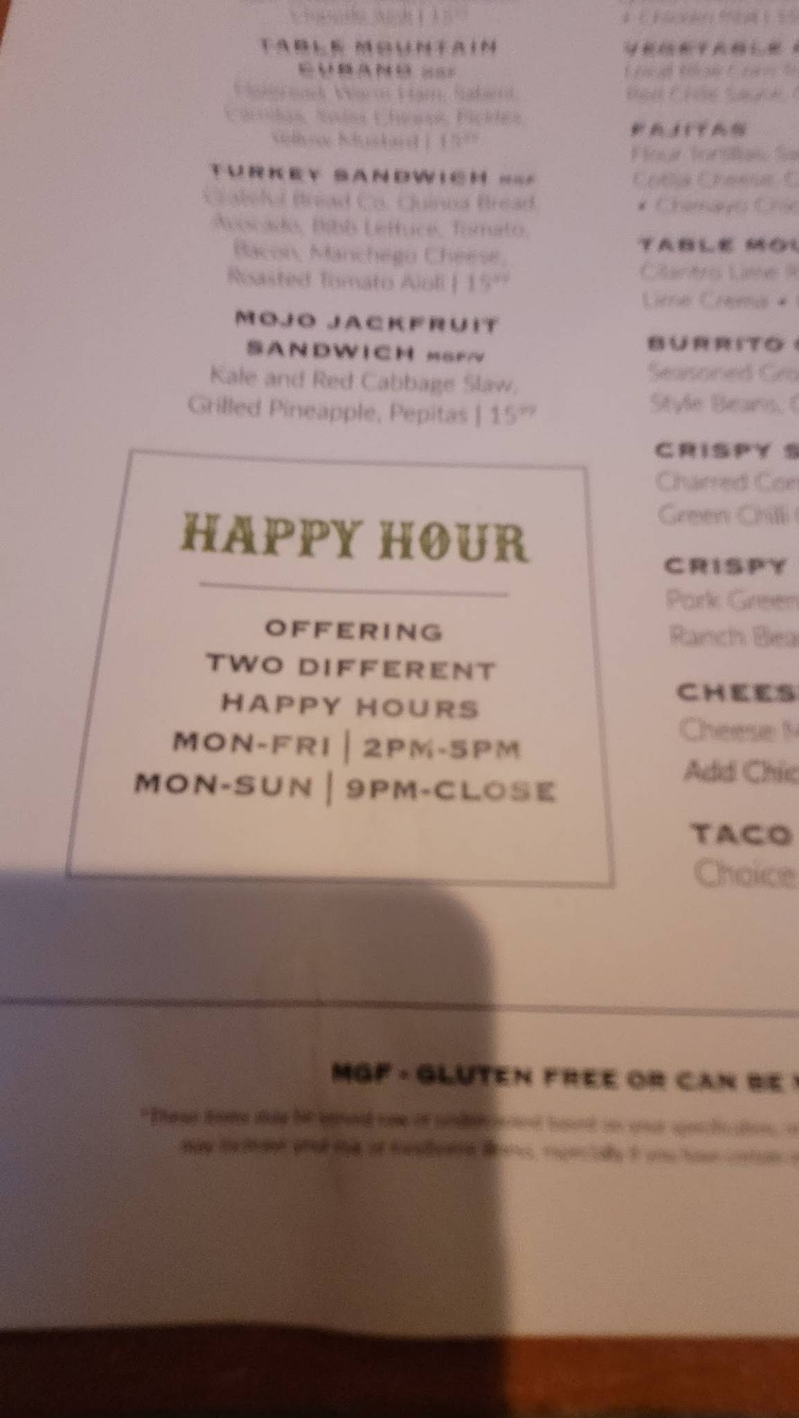 Menu at Table Mountain Grill & Cantina restaurant, Golden