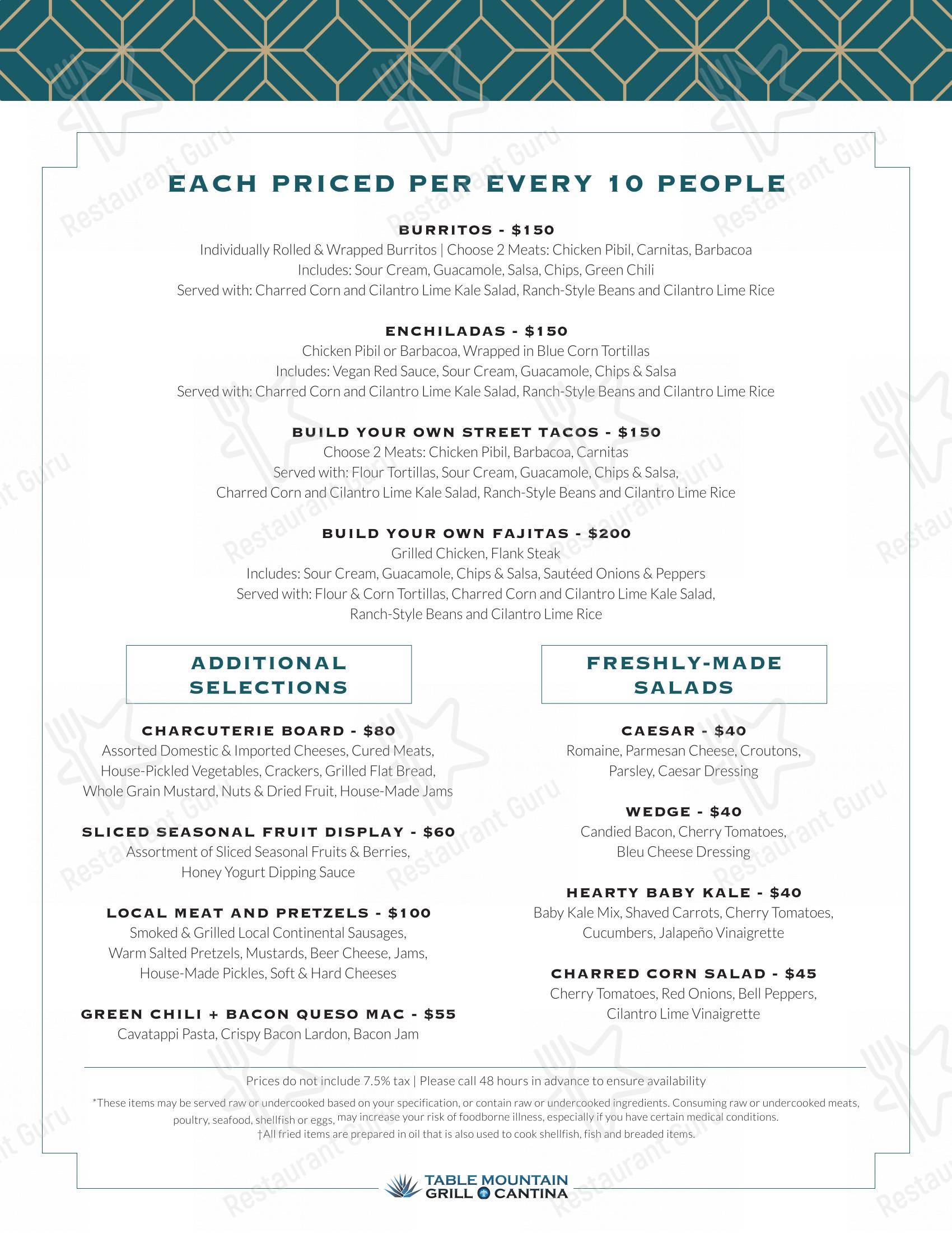 Menu at Table Mountain Grill & Cantina restaurant, Golden