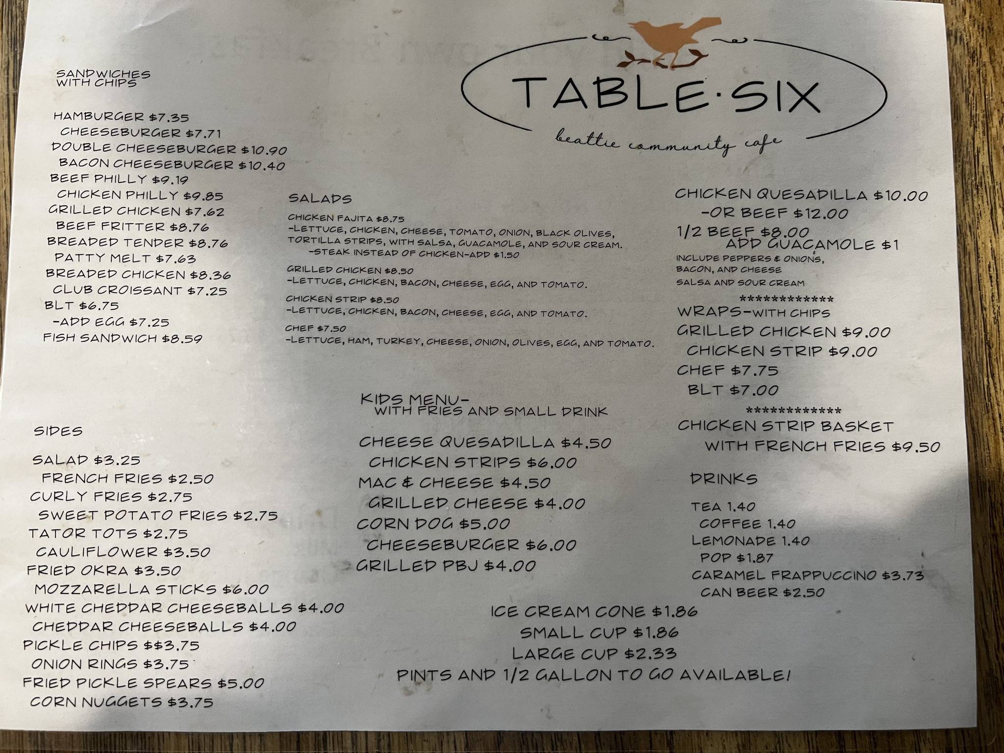 Menu at Table Six Cafe, Beattie