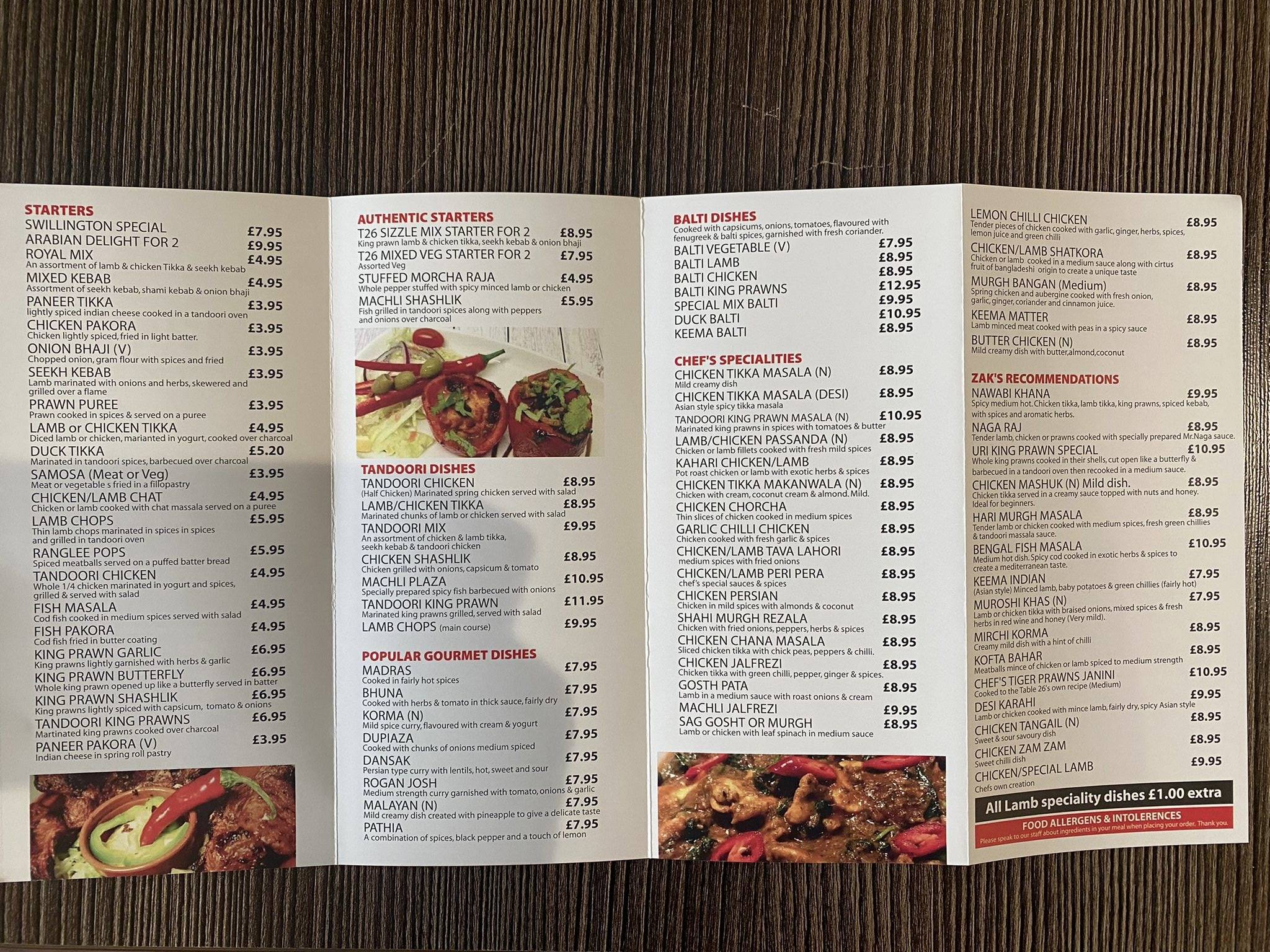 Menu at Table 26 restaurant, Leeds