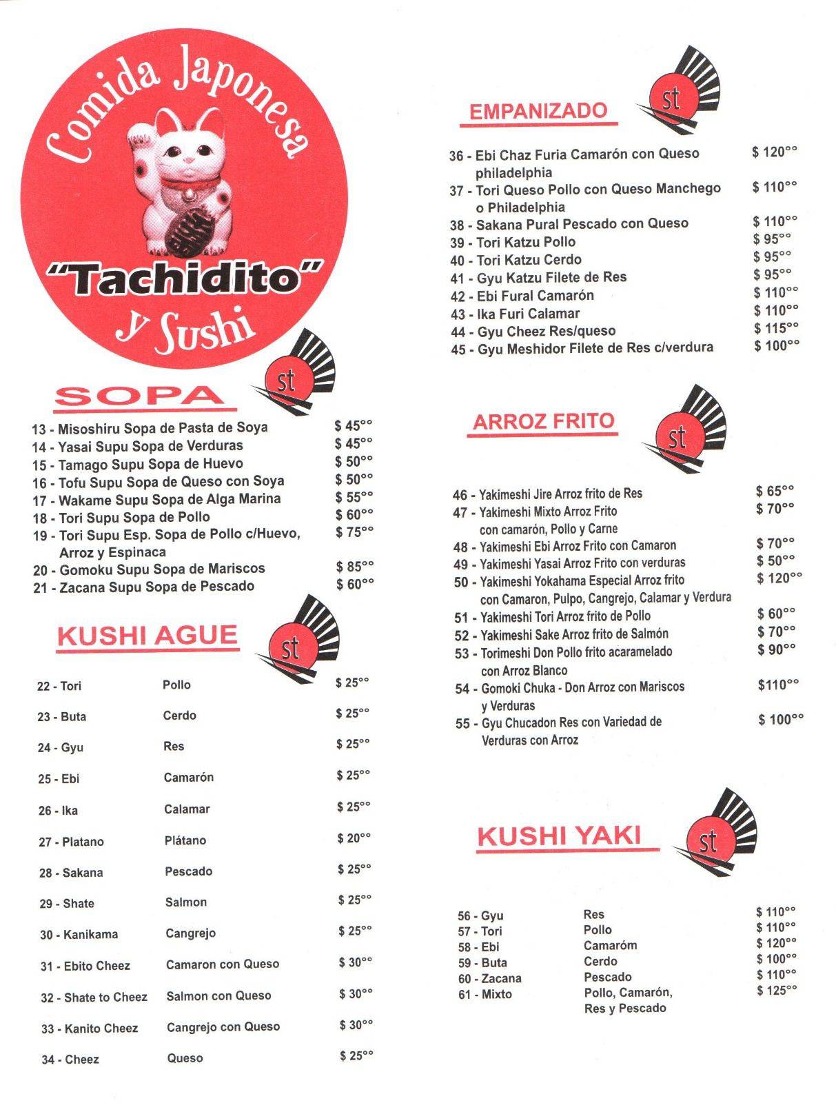 Carta del restaurante Tachidito, Valle del Chalco Solidaridad