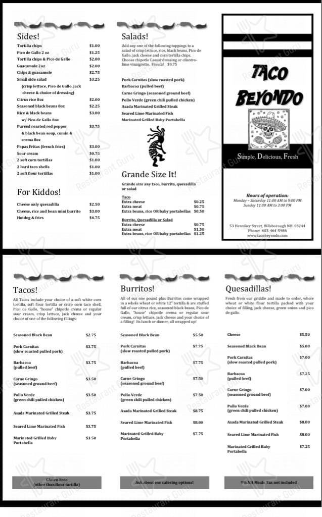 Menu at Taco Beyondo restaurant, Hillsboro