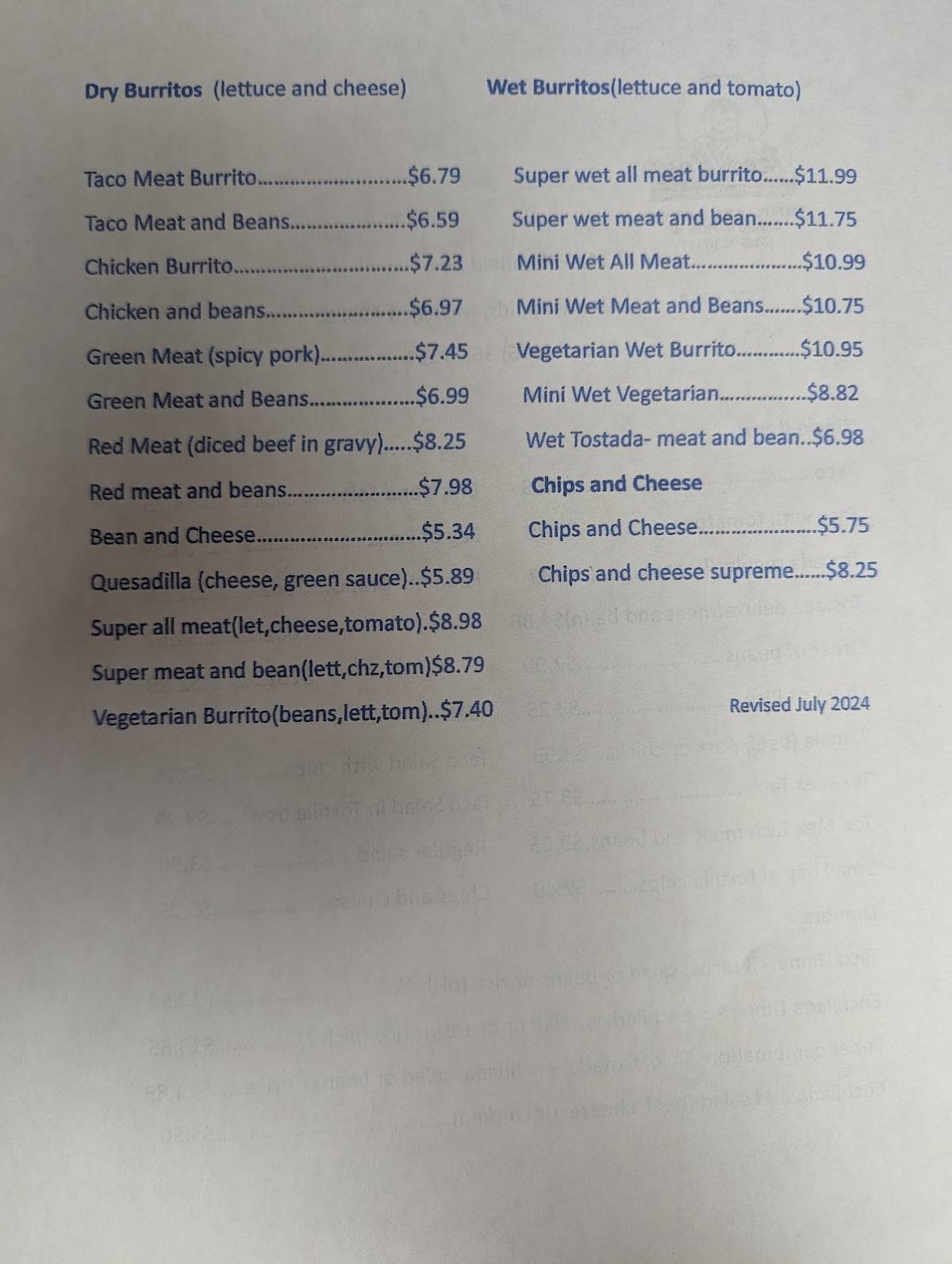 Menu at Taco Boy restaurant, Grand Rapids, Plainfield Ave NE