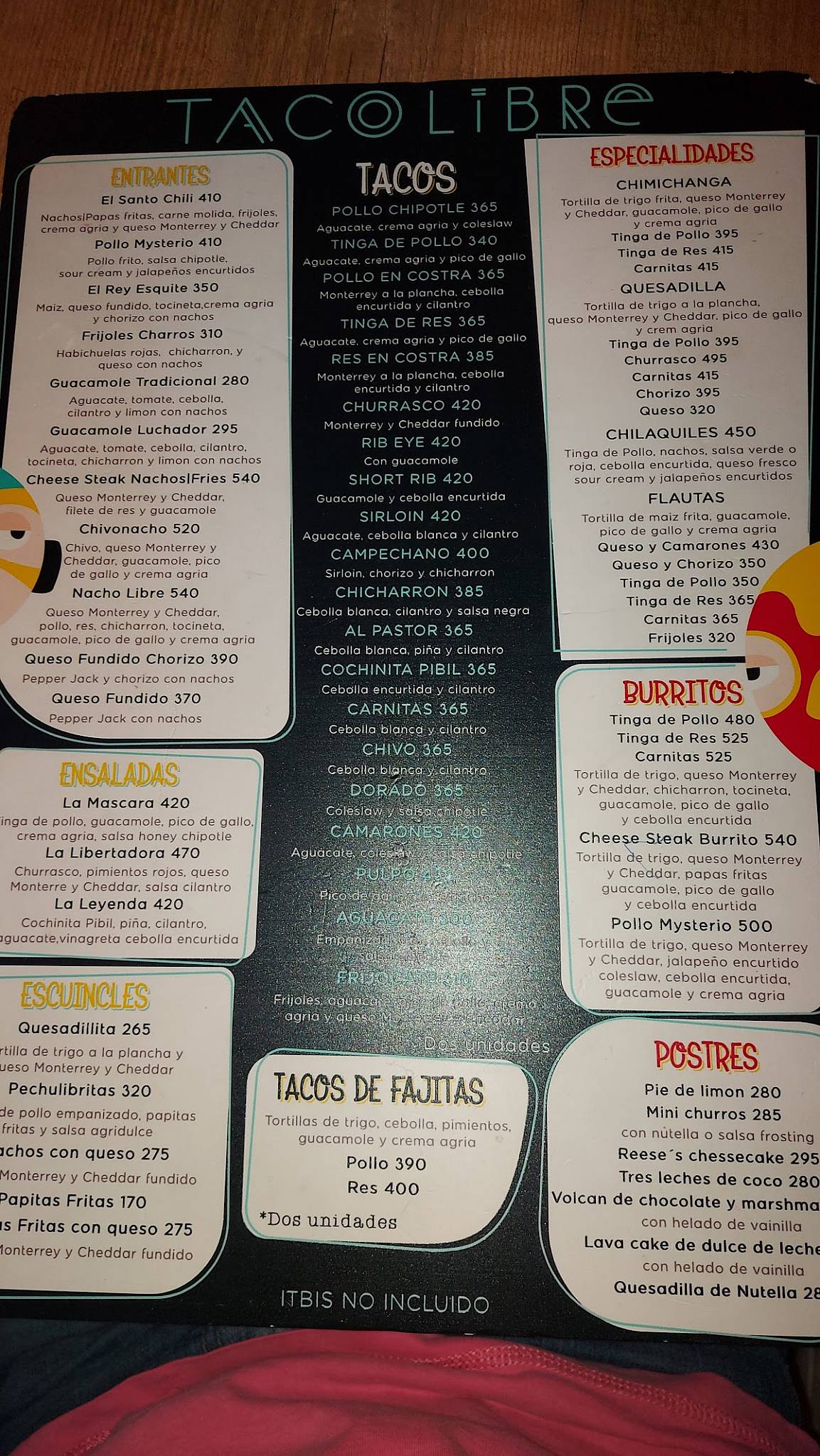 Menu at Taco Libre - Bella Vista restaurant, Santo Domingo