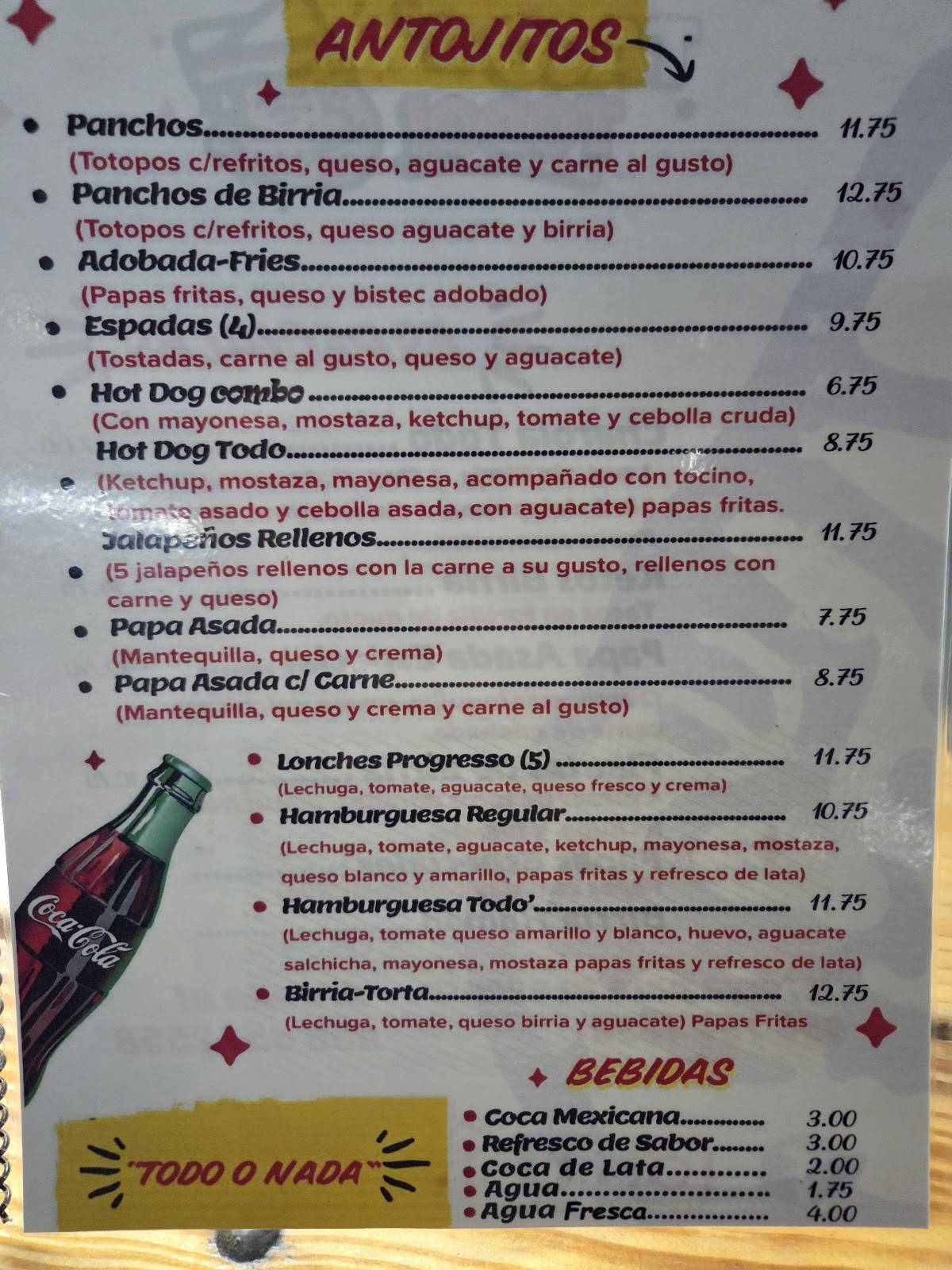 Menu at Taco N' Todo restaurant, McAllen