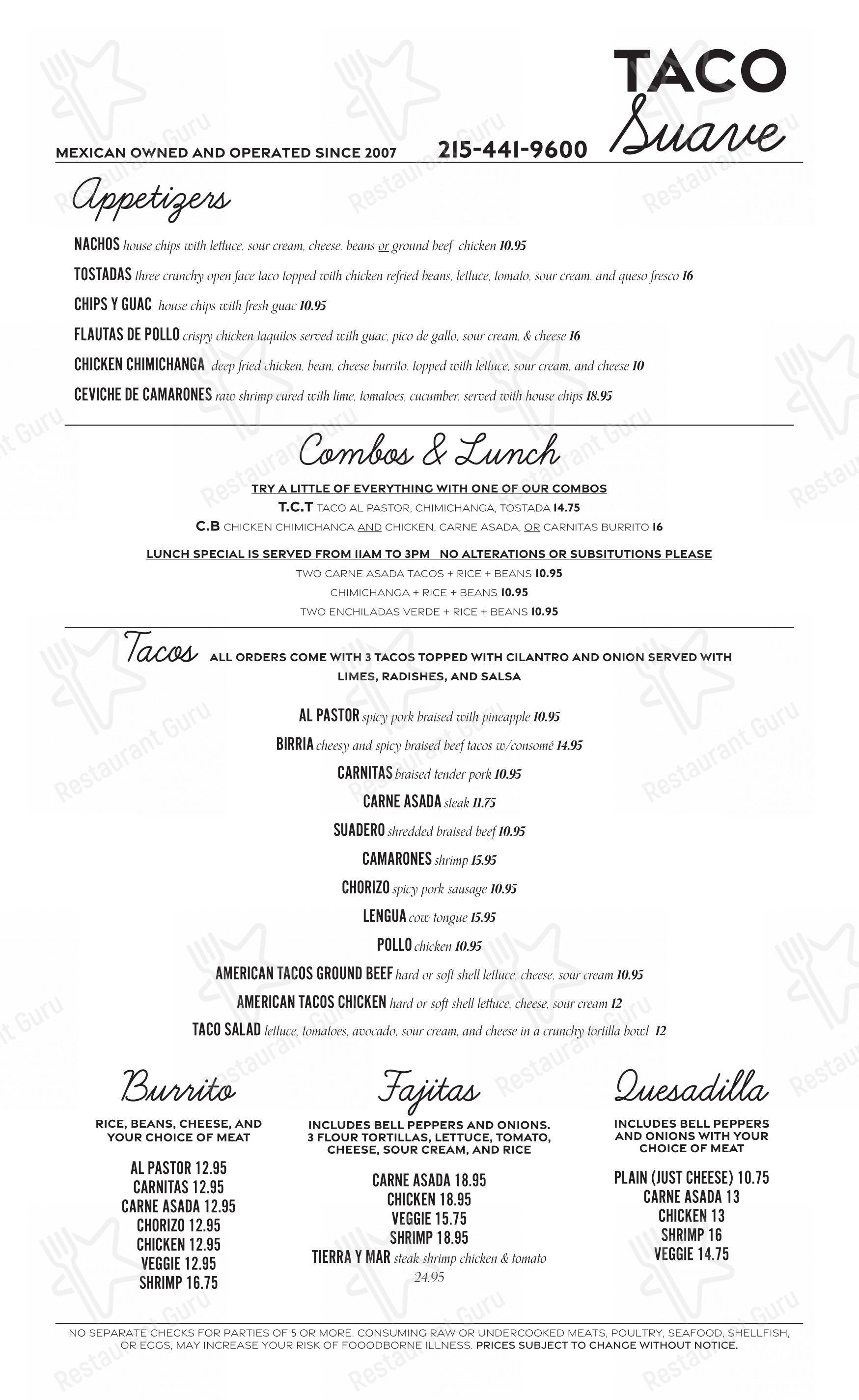 Menu at Taco Suave restaurant, Warminster, 200 Street Rd