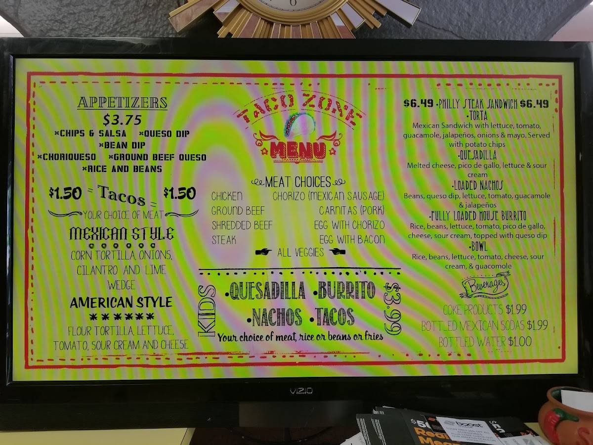 Menu at Taco Zone restaurant, Fort Wayne