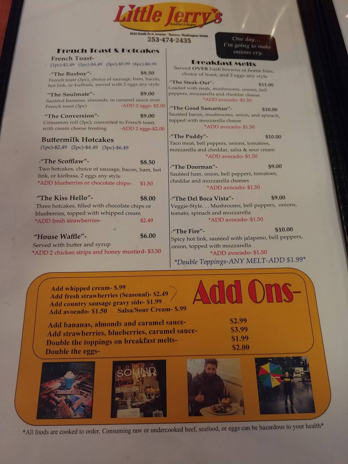 Menu at Little Jerry's restaurant, Tacoma, Park Ave. S