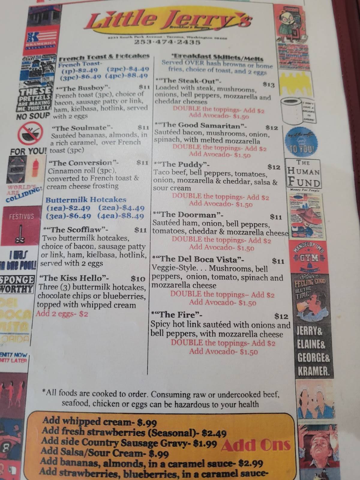 Menu at Little Jerry's restaurant, Tacoma, Park Ave. S