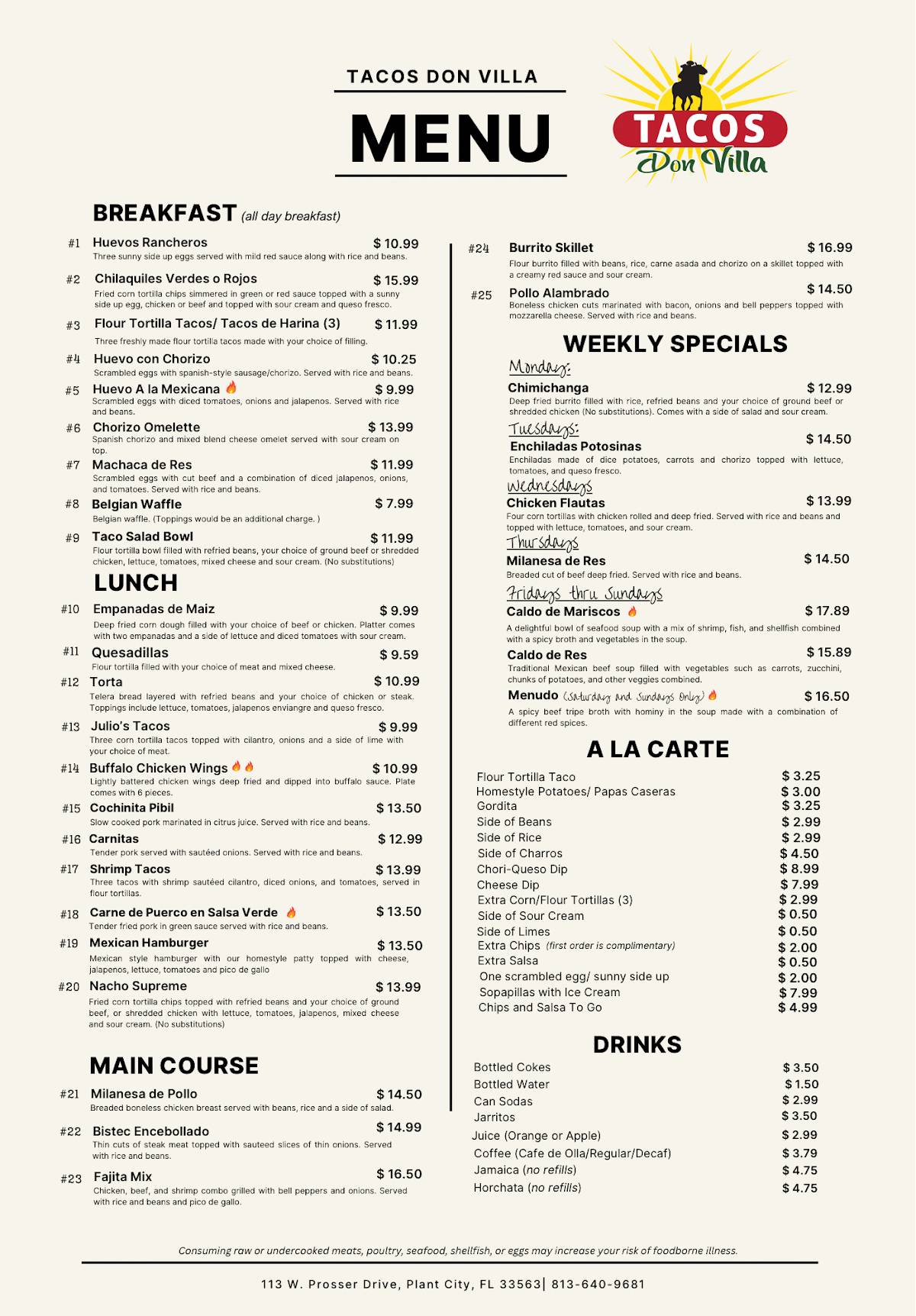 Menu at Tacos Don Villa restaurant, Plant City