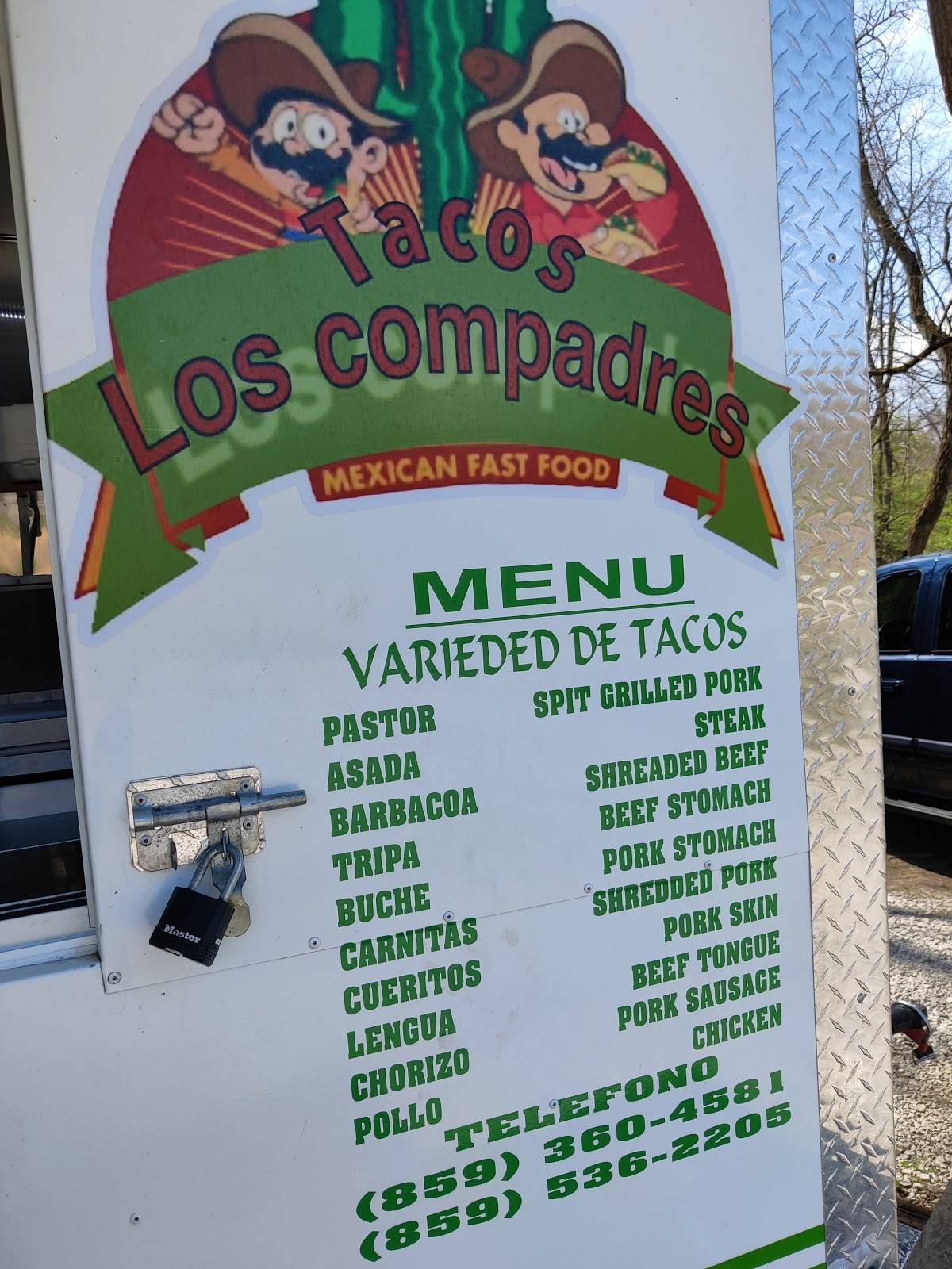 Menu at Tacos Los Compadres restaurant, Crittenden